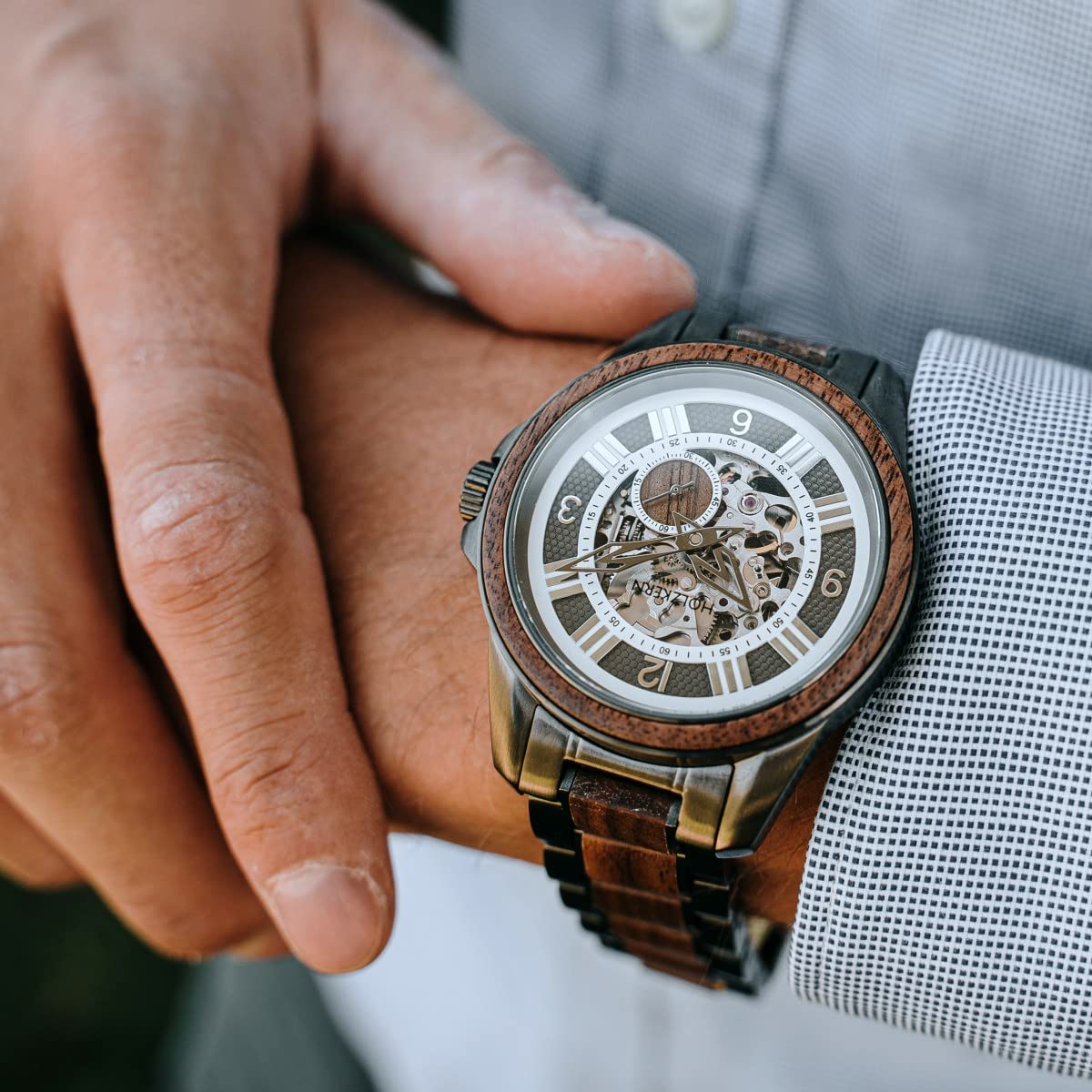 HOLZKERN Jemaa Men’s Watch, 43mm Silver Skeleton Dial, Brushed Stainless Steel Strap, Vintage Watch for Men