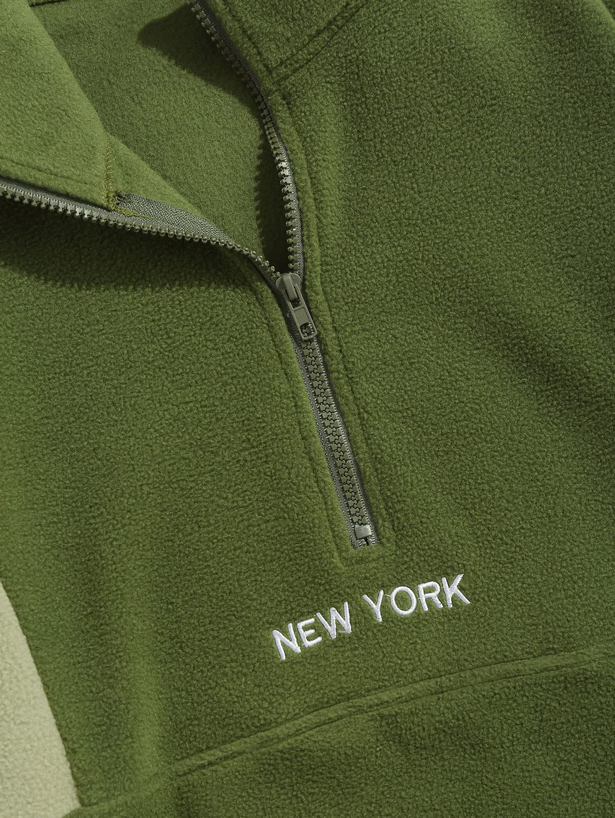 ZAFUL Men's Fluffy Polar Fleece Sweatshirt NEW YORK Embroidery Colorblock Half Zip Unisex Hoodie Deep Green M
