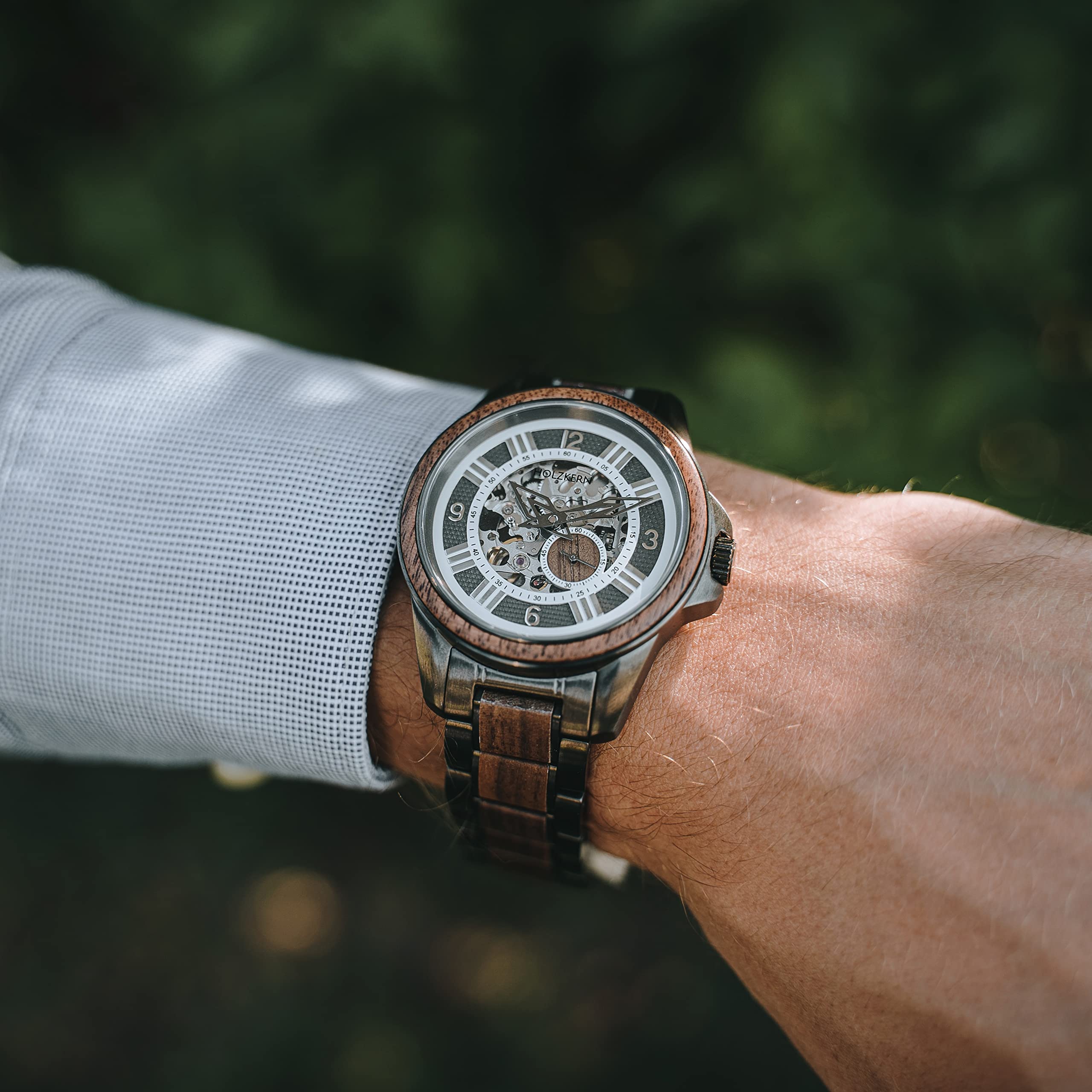 HOLZKERN Jemaa Men’s Watch, 43mm Silver Skeleton Dial, Brushed Stainless Steel Strap, Vintage Watch for Men