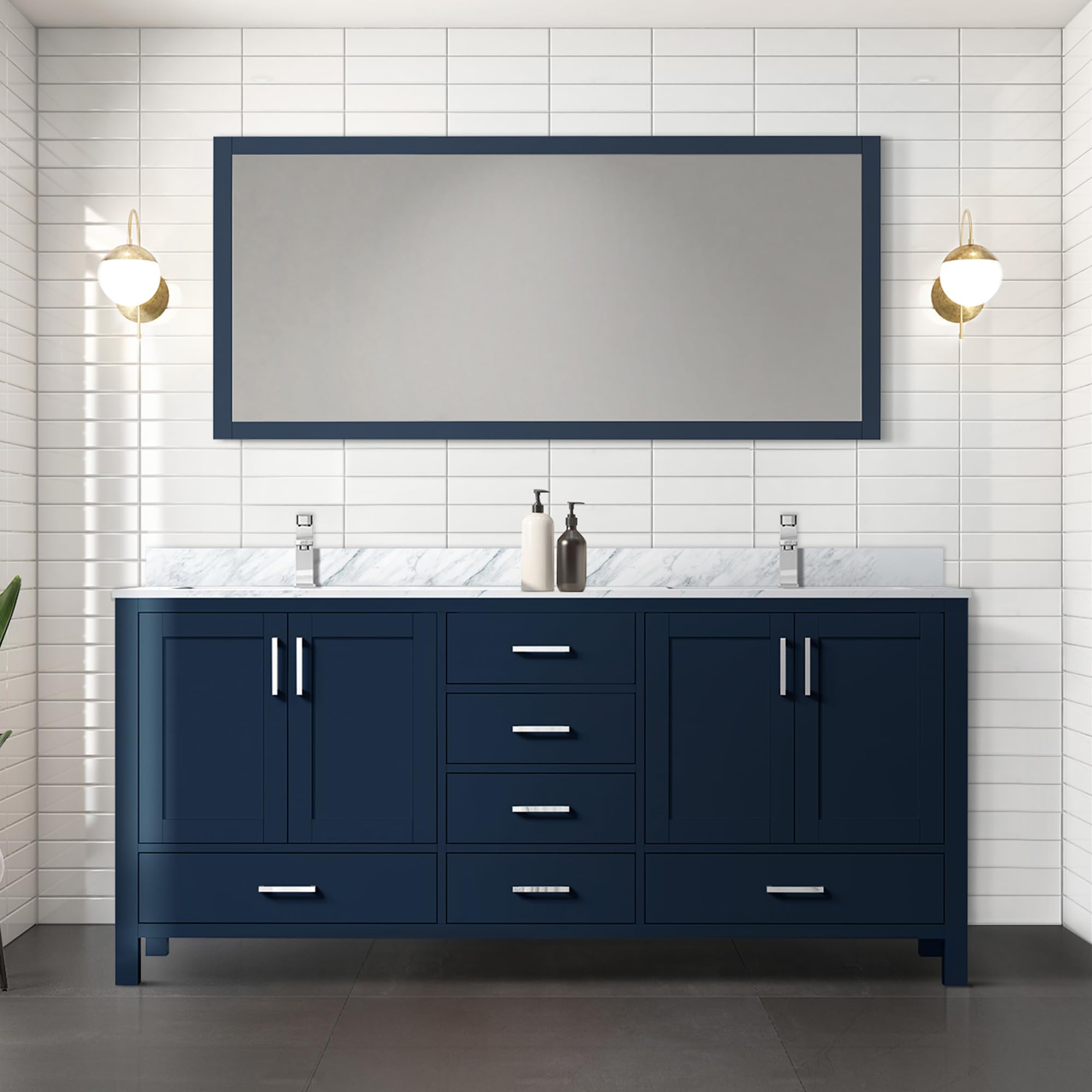 Bell+Modern Big Sur 72 in. W x 22 in. D Navy Blue Double Bath Vanity and Carrara Marble Top