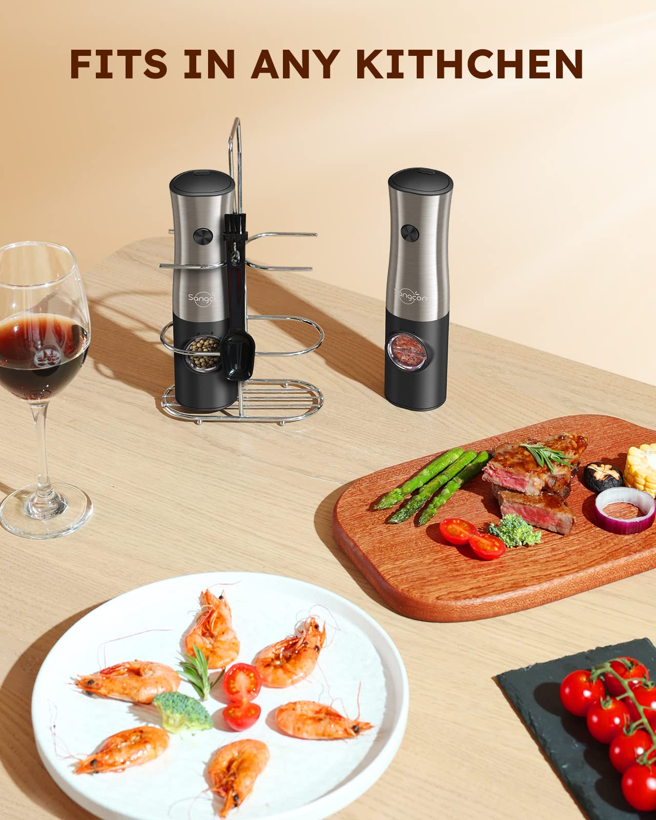 Sangcon Electric Salt and Pepper Grinder Set, Automatic Pepper Mills with LED Light, Battery Powered Salt and Pepper Shakers with Stand, Adjustable Coarseness, One-Handed Operation, Stainless Steel