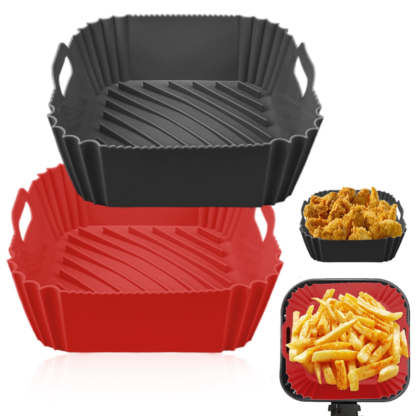 2 Pack Air Fryer Silicone Liners, 8 Inch Square Air Fryer Liners for 4 to 7 QT, Reusable Silicone Air Fryer Liners, Air Fryer Accessories, AirFryer Liners Silicone (Black & Red)