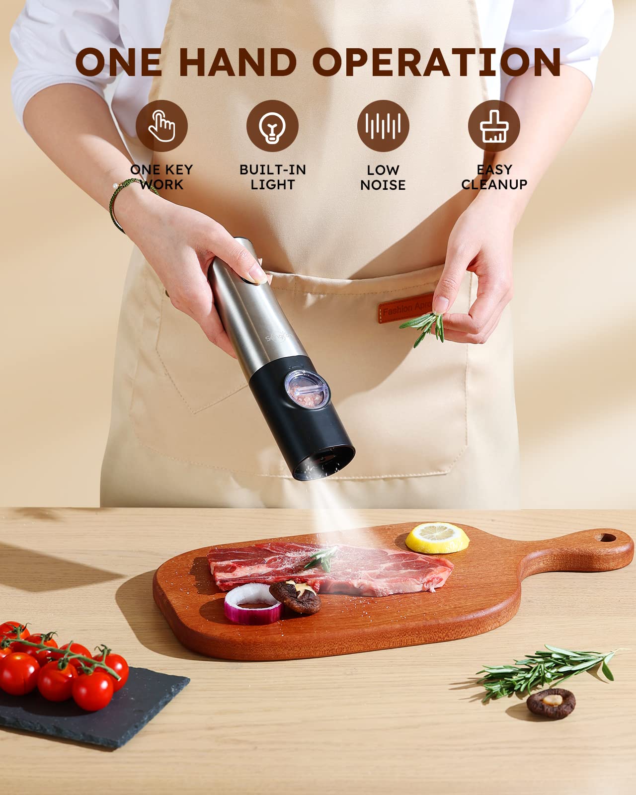 Sangcon Electric Salt and Pepper Grinder Set, Automatic Pepper Mills with LED Light, Battery Powered Salt and Pepper Shakers with Stand, Adjustable Coarseness, One-Handed Operation, Stainless Steel