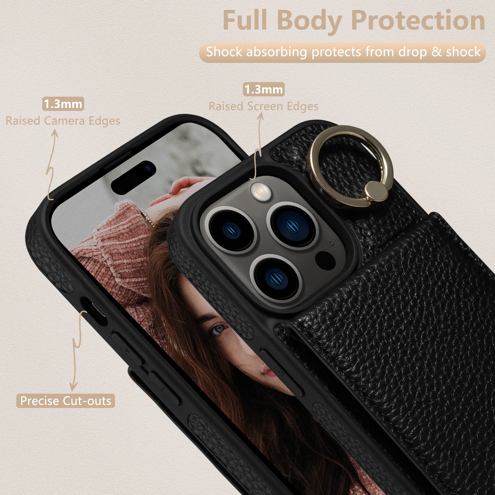 Keallce Case for iPhone 14 Pro 6.1'', Detachable Crossbody Case Wallet with RFID Blocking Card Holder, 360ーRing Stand, Folio Leather Phone Cover Shoulder Lanyard Strap Lady for iPhone 14 Pro 5G, Black