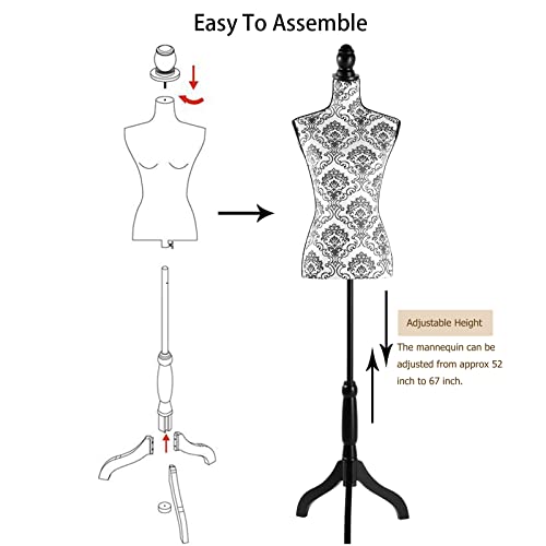 HAORUI Mannequin Torso Female Dress Form Pinnable Mannequin Body for Display with Height Adjustable Sturdy Tripod Stand , Black Flower