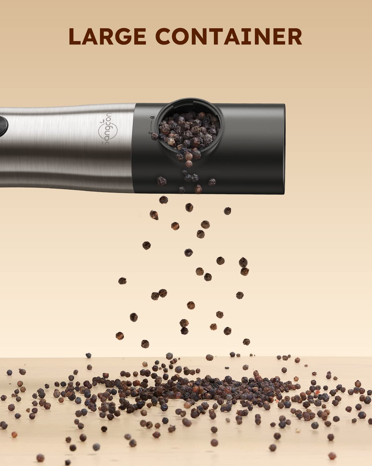 Sangcon Electric Salt and Pepper Grinder Set, Automatic Pepper Mills with LED Light, Battery Powered Salt and Pepper Shakers with Stand, Adjustable Coarseness, One-Handed Operation, Stainless Steel