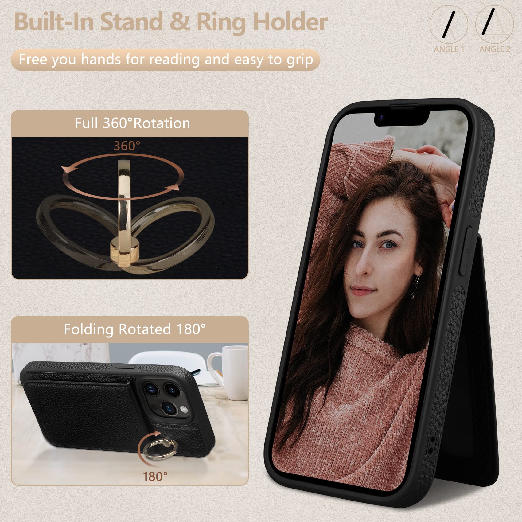 Keallce Case for iPhone 14 Pro 6.1'', Detachable Crossbody Case Wallet with RFID Blocking Card Holder, 360ーRing Stand, Folio Leather Phone Cover Shoulder Lanyard Strap Lady for iPhone 14 Pro 5G, Black