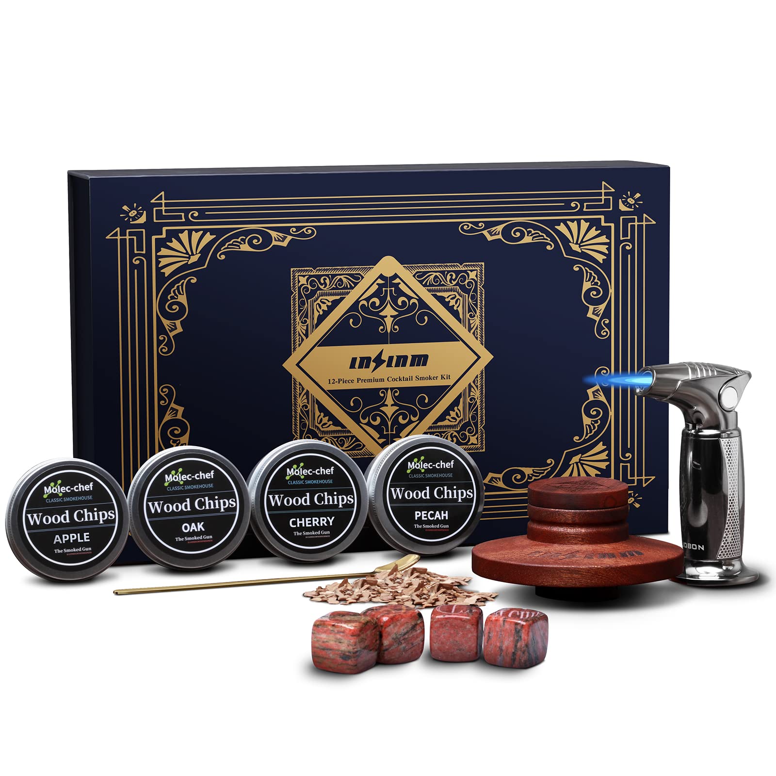 Cocktail Smoker Kit, Whiskey and Bourbon Drink Smoker Kit, Four Kinds of Wood Chips for Old Fashioned Smoker kit, Cocktail Smoker kit with Torch(Stainless Steel). Gifts for Your Friends, Husband, Dad.