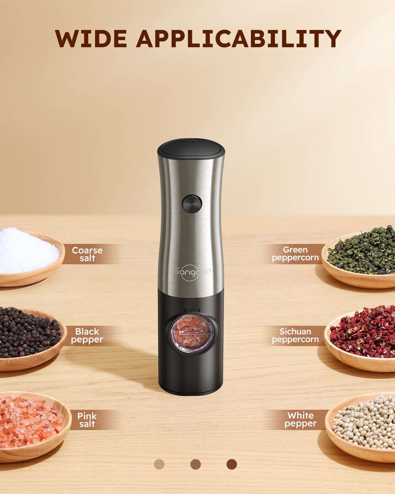 Sangcon Electric Salt and Pepper Grinder Set, Automatic Pepper Mills with LED Light, Battery Powered Salt and Pepper Shakers with Stand, Adjustable Coarseness, One-Handed Operation, Stainless Steel