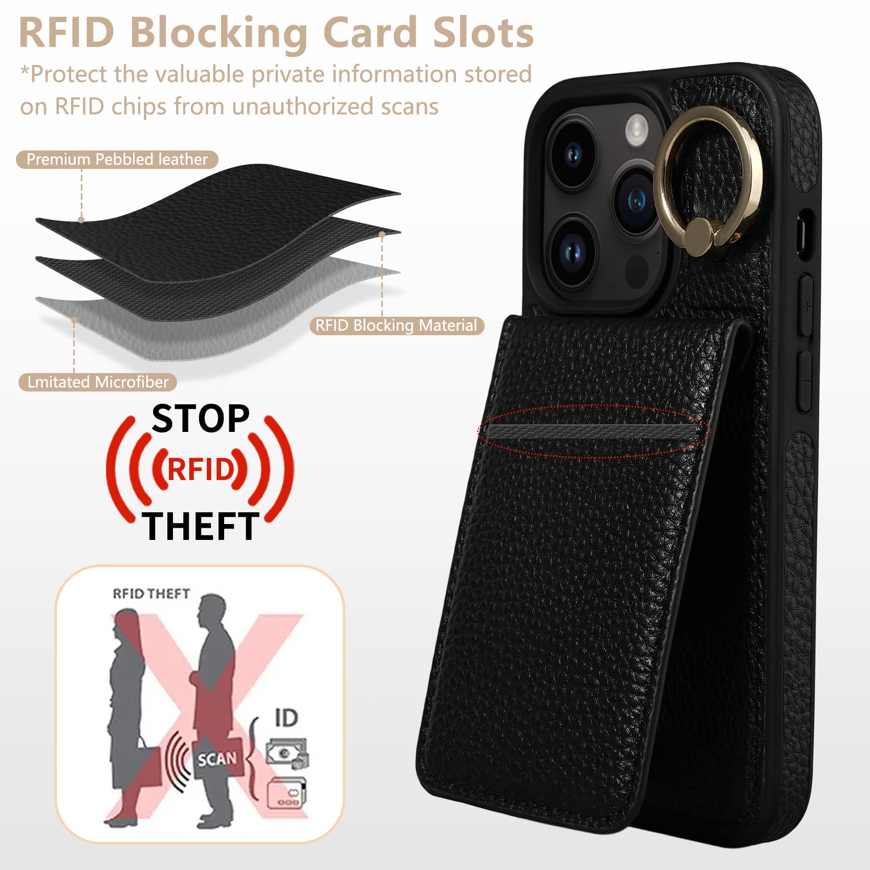 Keallce Case for iPhone 14 Pro 6.1'', Detachable Crossbody Case Wallet with RFID Blocking Card Holder, 360ーRing Stand, Folio Leather Phone Cover Shoulder Lanyard Strap Lady for iPhone 14 Pro 5G, Black