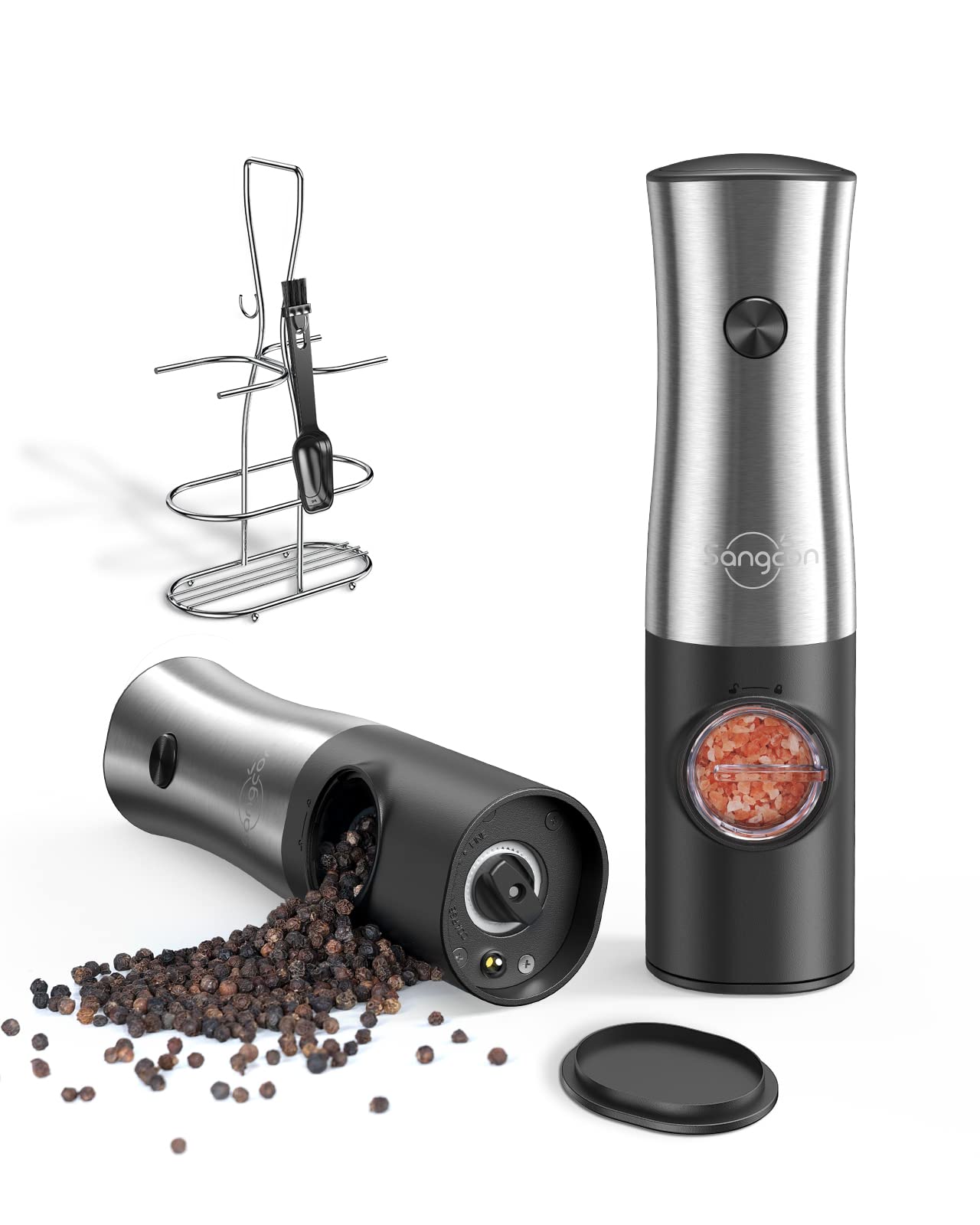 Sangcon Electric Salt and Pepper Grinder Set, Automatic Pepper Mills with LED Light, Battery Powered Salt and Pepper Shakers with Stand, Adjustable Coarseness, One-Handed Operation, Stainless Steel