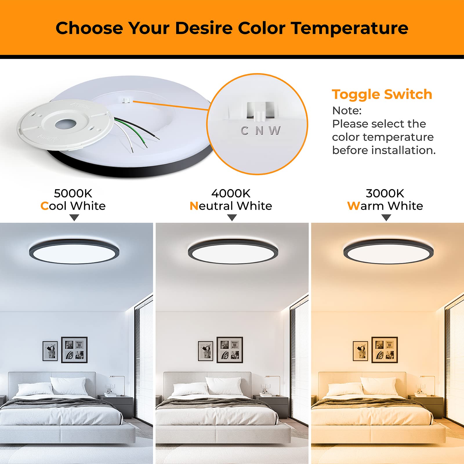 Matane 2 Pack 12 inch Flush Mount Ceiling Light Fixture, 24W LED Ceiling Lamp 3000K/4000K/5000K Selectable, Round Low Profile Ceiling Lights for Bedroom Laundry Kitchen, Black