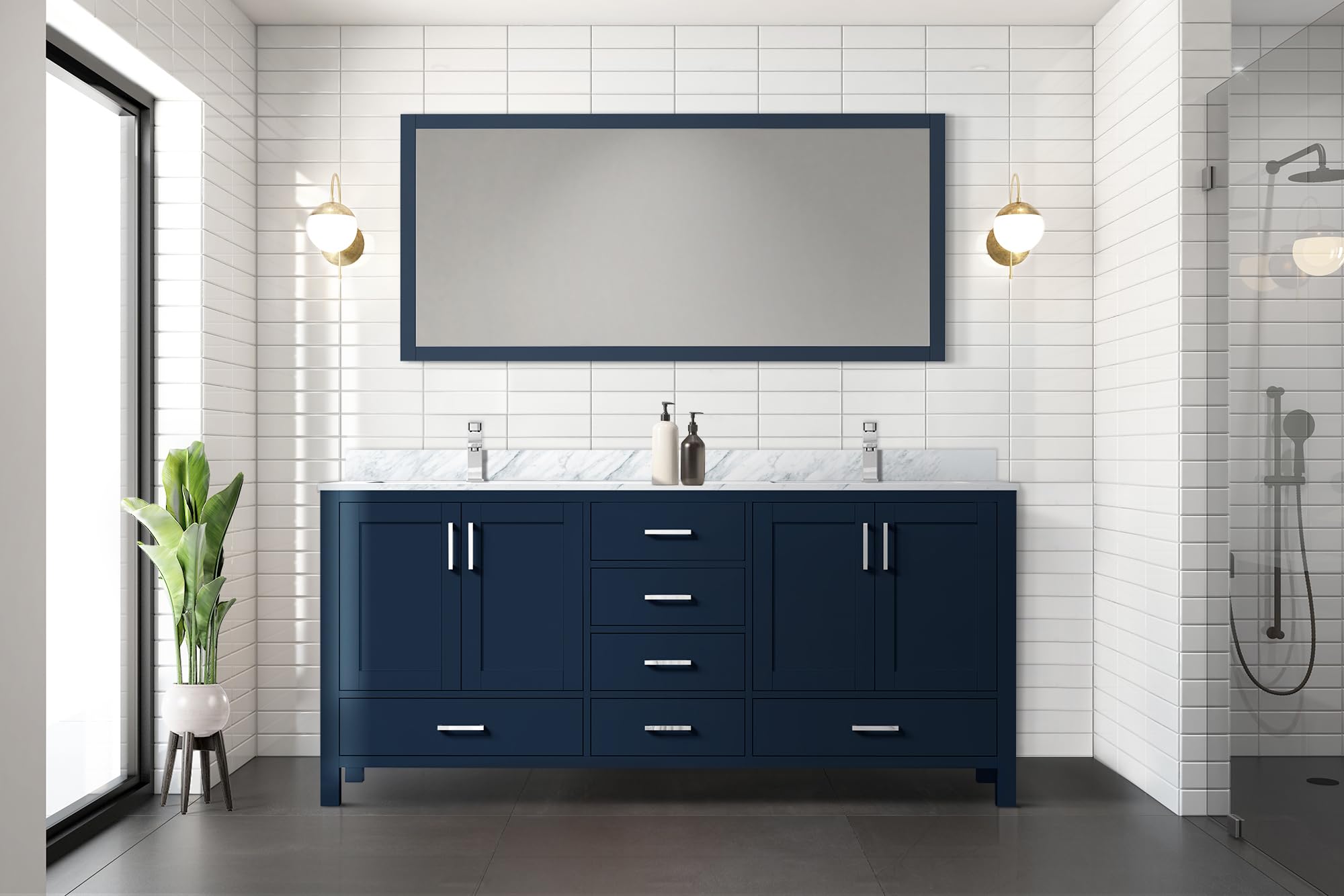 Bell+Modern Big Sur 72 in. W x 22 in. D Navy Blue Double Bath Vanity and Carrara Marble Top