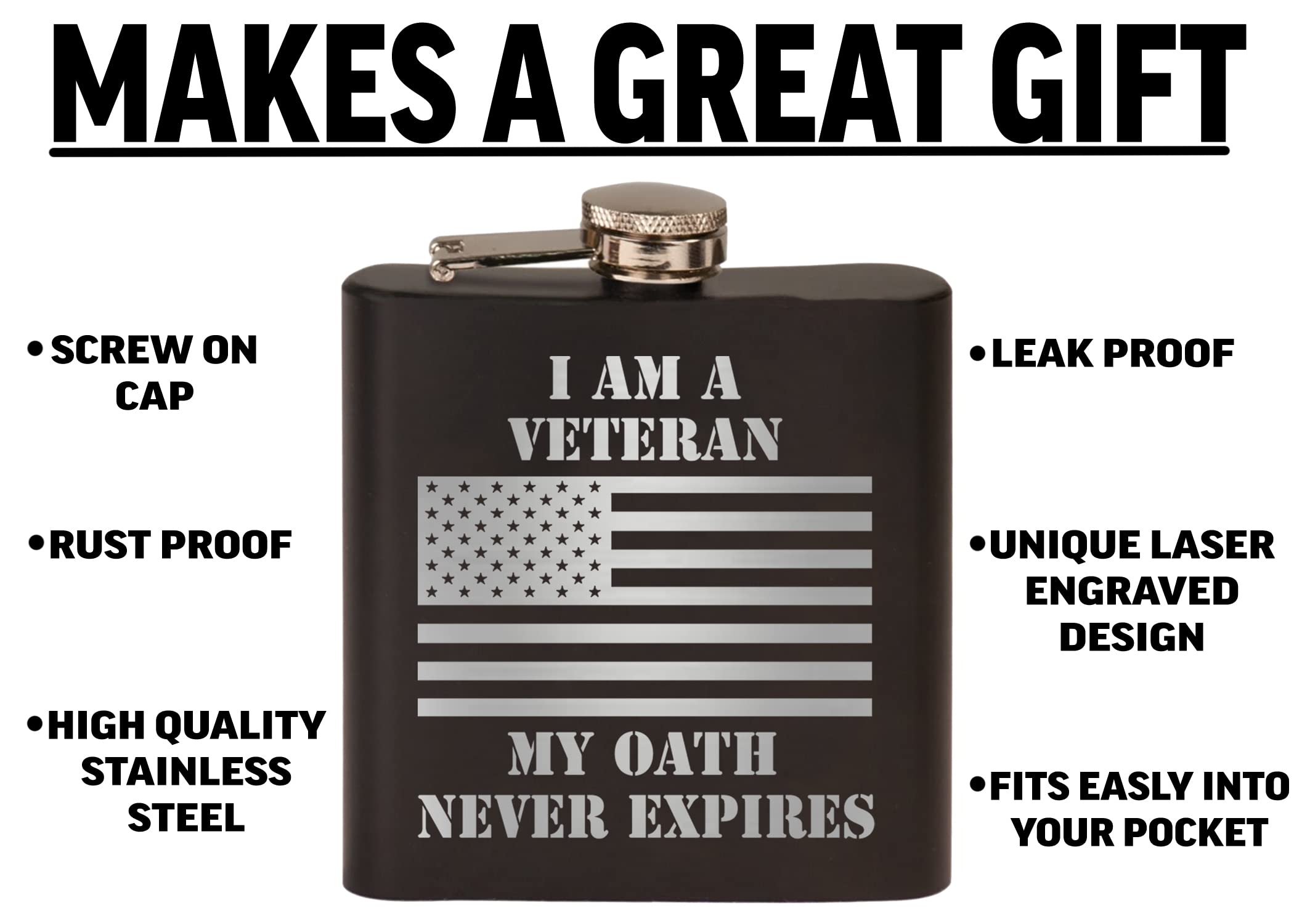 Rogue River Tactical USA American Flag Veteran Oath Stainless Steel Hip Flask Premium Matte Black Makes a Great Gift For Him Dad Father Veteran