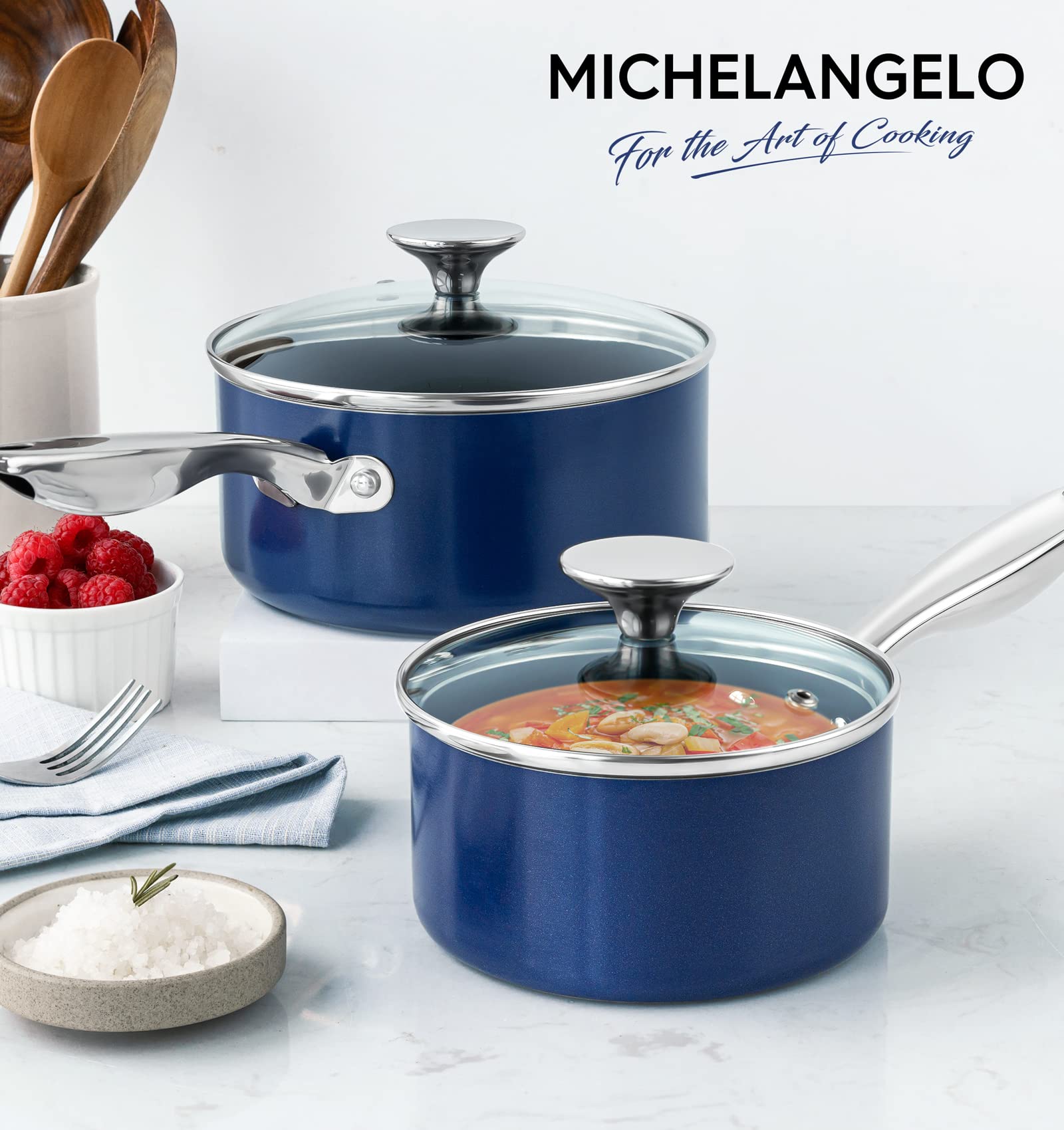 MICHELANGELO Saucepan Set, 1Qt & 2Qt Ceramic Sauce Pan with Lid, Nonstick Saucepans with Lids, Small Pot with Stainless Steel Handle, Oven Safe, Blue