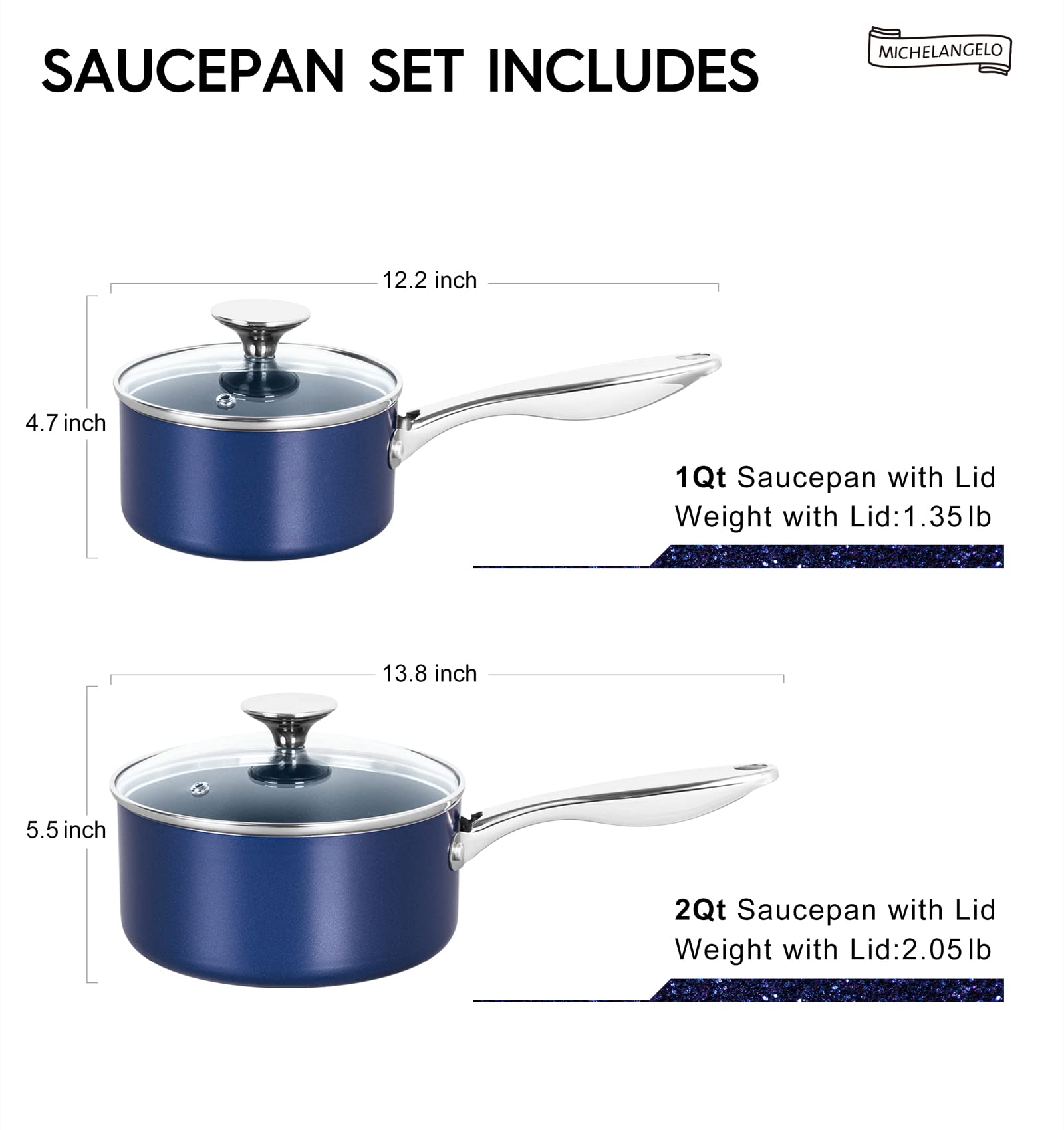 MICHELANGELO Saucepan Set, 1Qt & 2Qt Ceramic Sauce Pan with Lid, Nonstick Saucepans with Lids, Small Pot with Stainless Steel Handle, Oven Safe, Blue