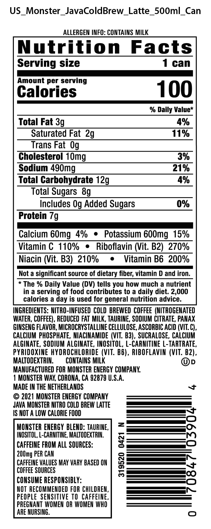 Monster Energy Java Nitro Cold Brew Latte, Coffee + Energy Drink, 13.5 Ounce (pack of 12)