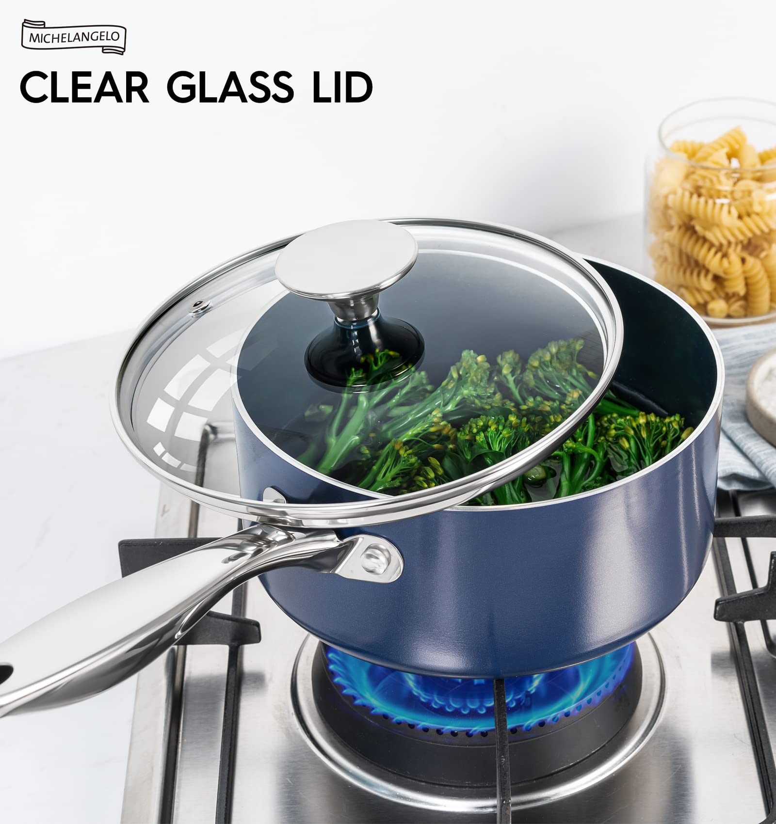MICHELANGELO Saucepan Set, 1Qt & 2Qt Ceramic Sauce Pan with Lid, Nonstick Saucepans with Lids, Small Pot with Stainless Steel Handle, Oven Safe, Blue