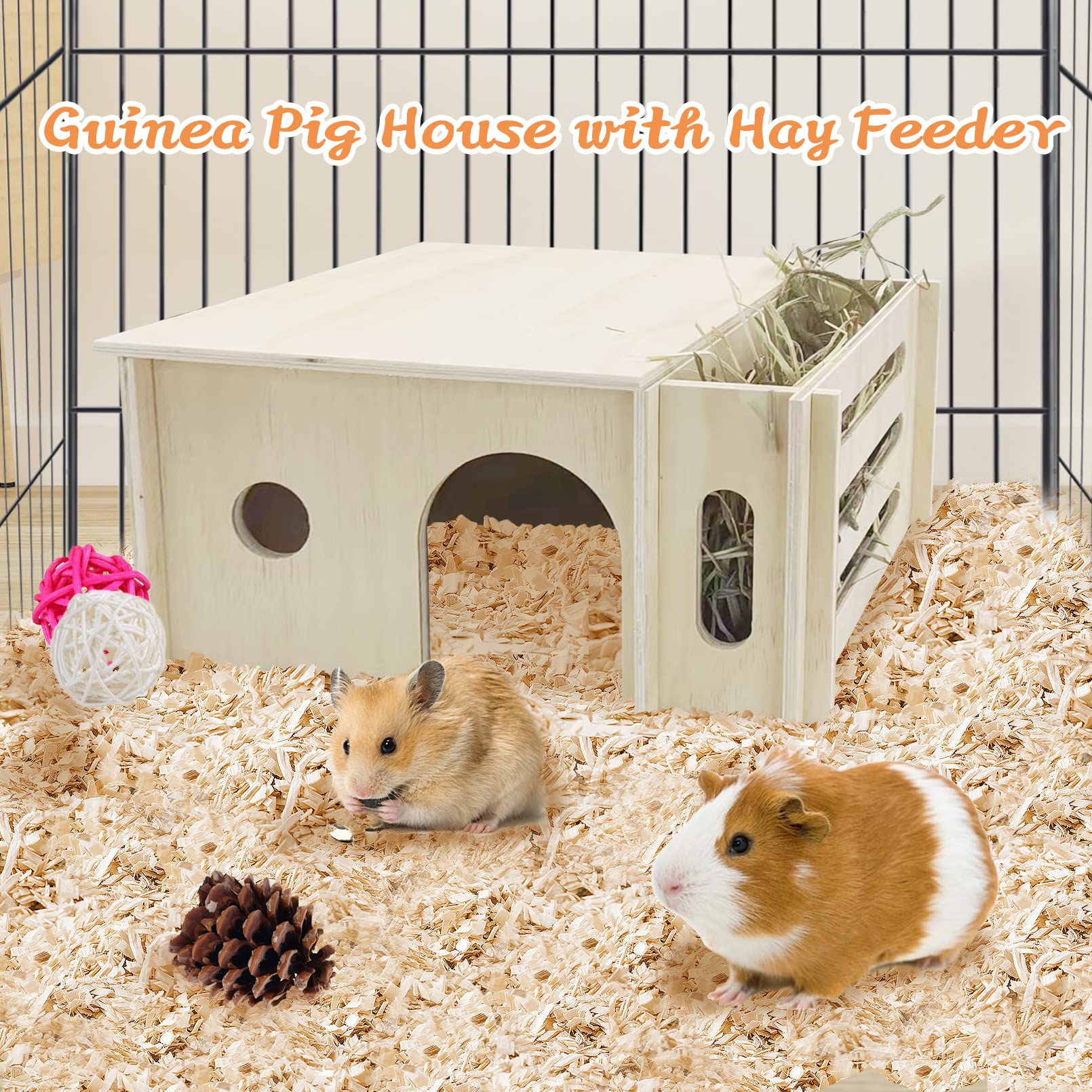 Acsist Guinea Pig Wooden Hideout with Hay Feeder Hamster Wood House Detachable Small Animal Hideouts for Chinchilla Dwarf Rabbit Hamster Hut Hedgehog