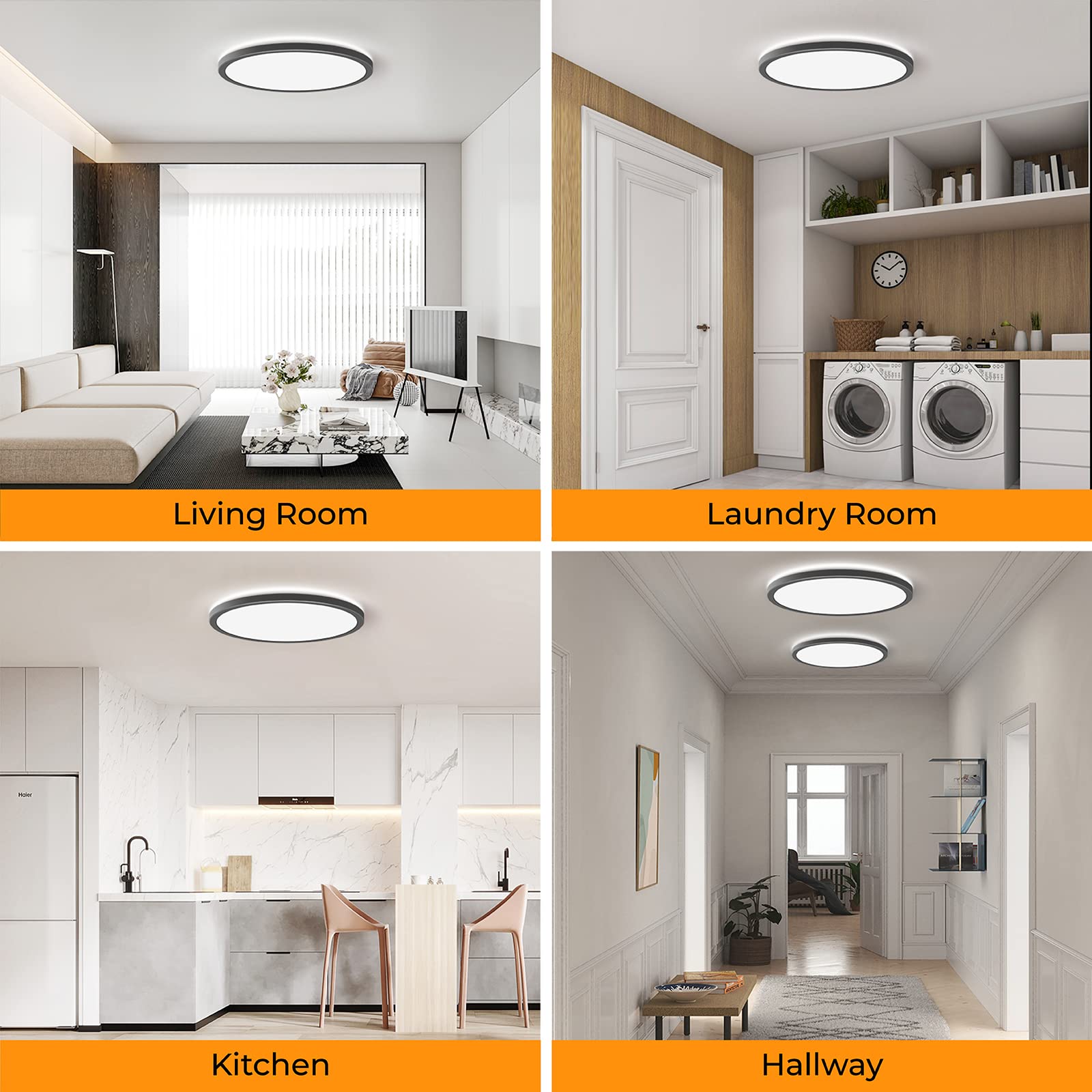 Matane 2 Pack 12 inch Flush Mount Ceiling Light Fixture, 24W LED Ceiling Lamp 3000K/4000K/5000K Selectable, Round Low Profile Ceiling Lights for Bedroom Laundry Kitchen, Black