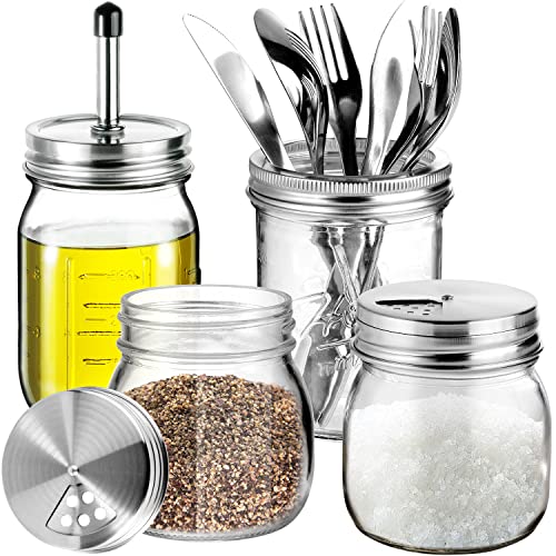 Rustic Mason Jar Kitchen Set-Olive Oil Bottle and Vinegar Cruet, Utensil Holder, Salt & Pepper Shaker Spice Jars - Shabby Chic Farmhouse Countertop Organization for Vintage Decor(4PCS)
