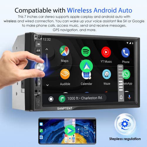 SANPTENT Double Din Car Stereo with Wireless Apple CarPlay & Android Auto, 7-Inch FHD Touchscreen Car Audio Receiver with Rear Camera, Subwoofer, FM Car Radio, USB/AUX/TF Input, Mirror Link, Bluetooth