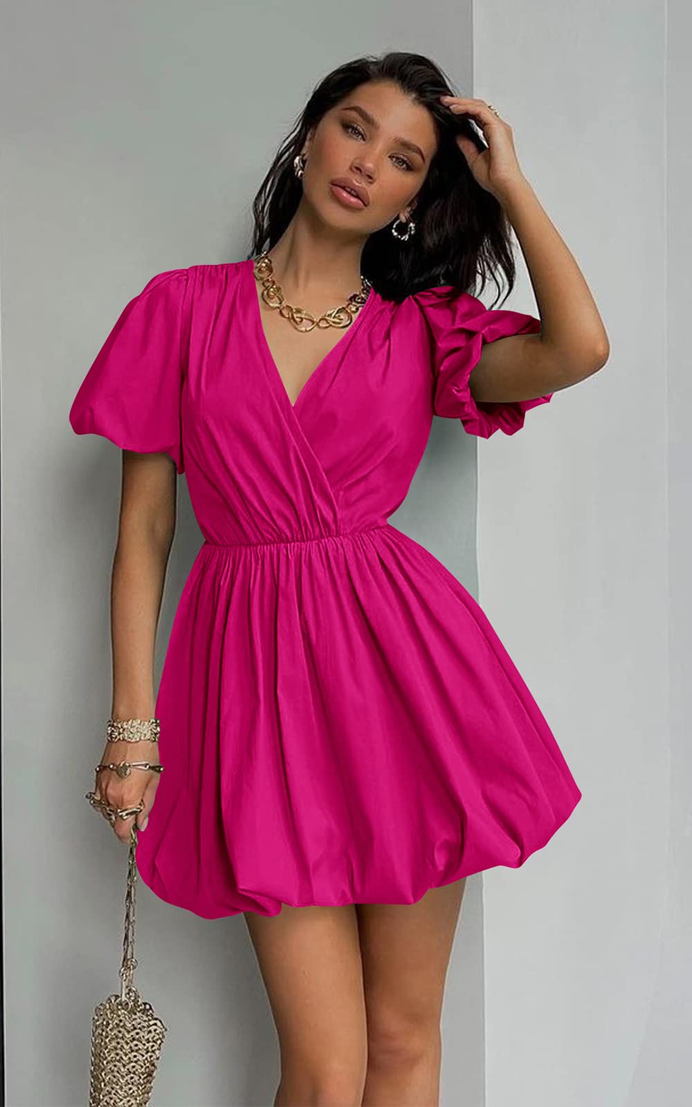 PRETTYGARDEN Women's Summer Puff Sleeve Short Mini Dress Flowy Ruffle V Neck A Line Wrap Dresses (Rose Red,Medium)