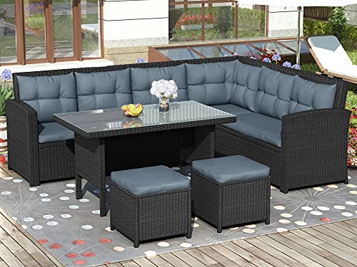 GODAFA 7 Seating Outdoor Patio Furniture Sectional Sofa Set, All-Weather L Shaped Couch with Glass Table, Ottomans for Backyard Porch Poolside, 1, Black