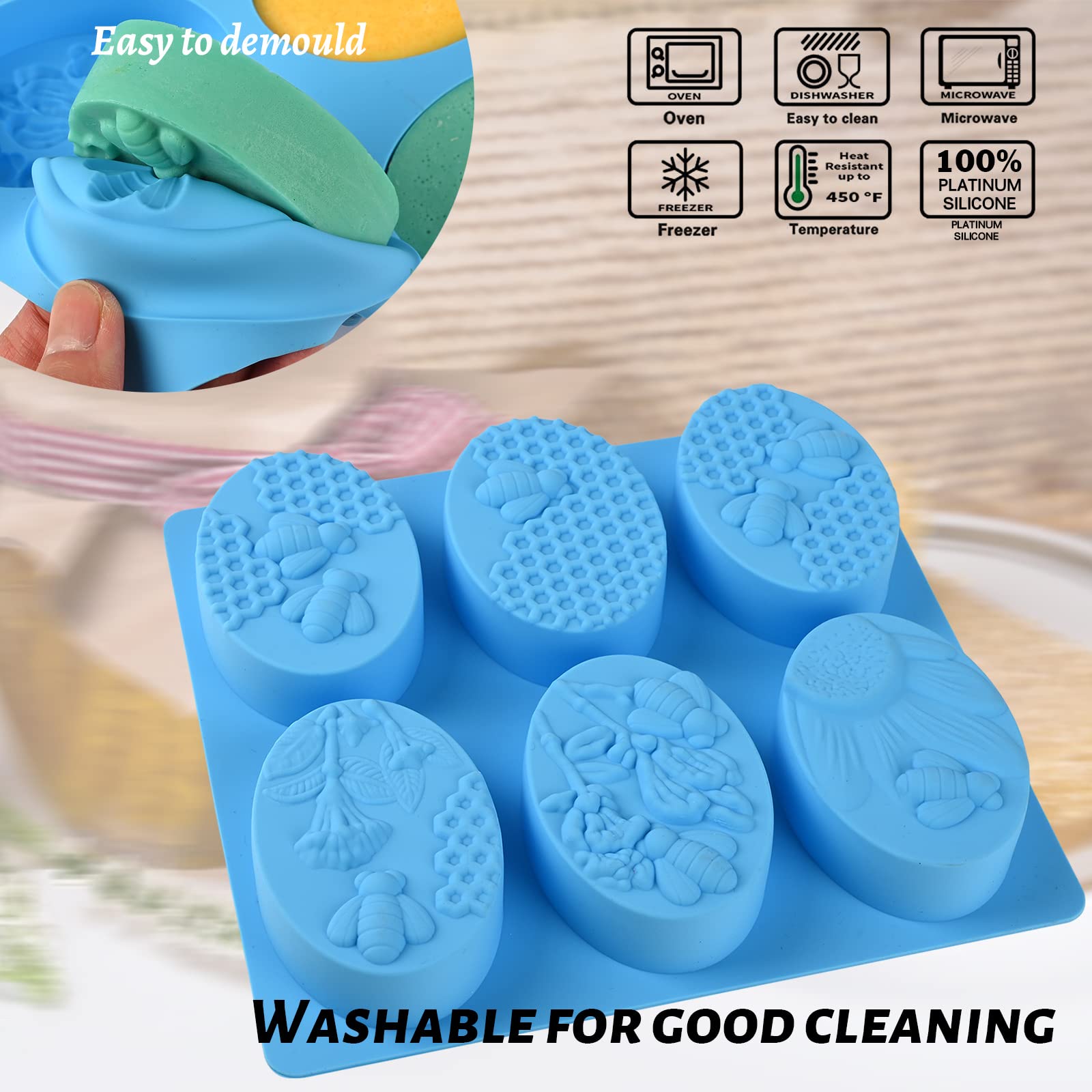 Sakolla 2 Pack 6 Cavity Bee Silicone Soap Molds Rectangle Oval Honeycomb Silicone Molds Loaf Handmade Molds for Soap Making Supplies DIY Wax Melts, Beeswax, Cake Chocolate Bakeware