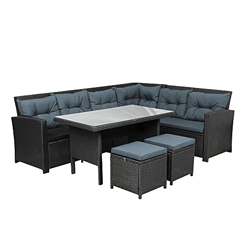 GODAFA 7 Seating Outdoor Patio Furniture Sectional Sofa Set, All-Weather L Shaped Couch with Glass Table, Ottomans for Backyard Porch Poolside, 1, Black