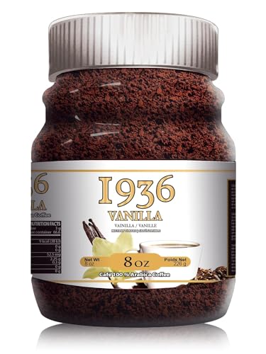 1936 Instant Coffee Vanilla 8 OZ- Smooth Taste - 100% Pure Arabica Coffee - Light Instant Coffee -Medium Roast - Glazed with Cane Sugar- Gluten Free- Kosher Certified -Non GMO