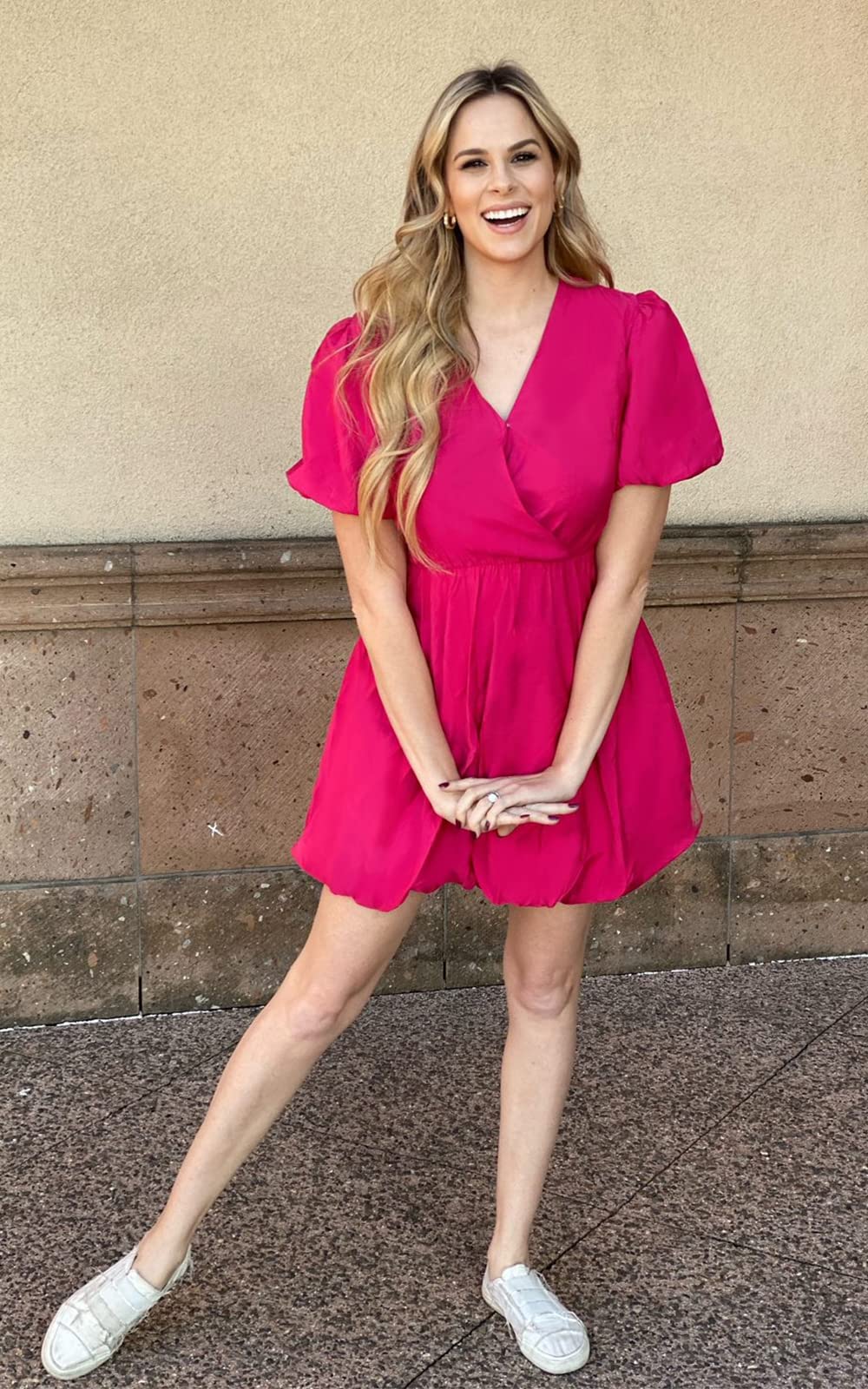 PRETTYGARDEN Women's Summer Puff Sleeve Short Mini Dress Flowy Ruffle V Neck A Line Wrap Dresses (Rose Red,Medium)