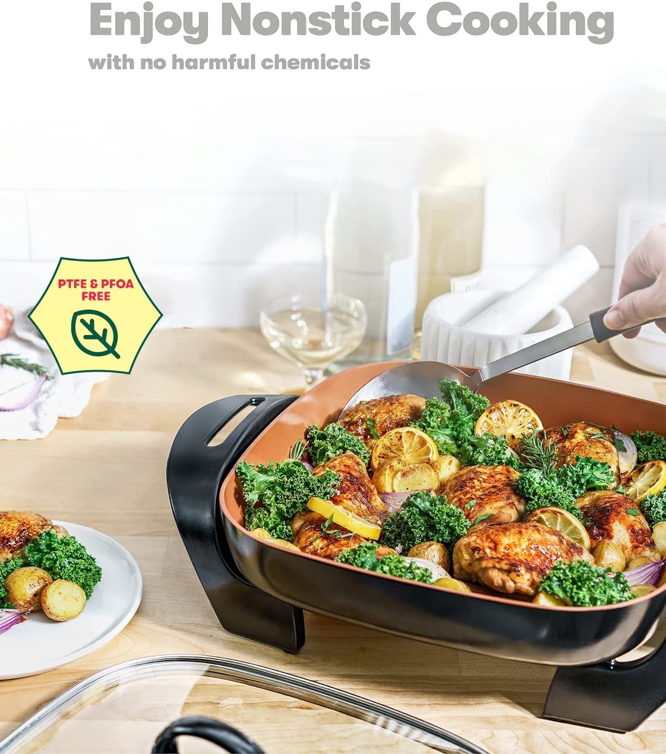 Electric Skillet Nonstick with Lid - 12"x12" Deep Frying Pan, Serves 4 to 6 People, Cool Touch Handles, Removable Heating Probe, Dishwasher Safe, Copper