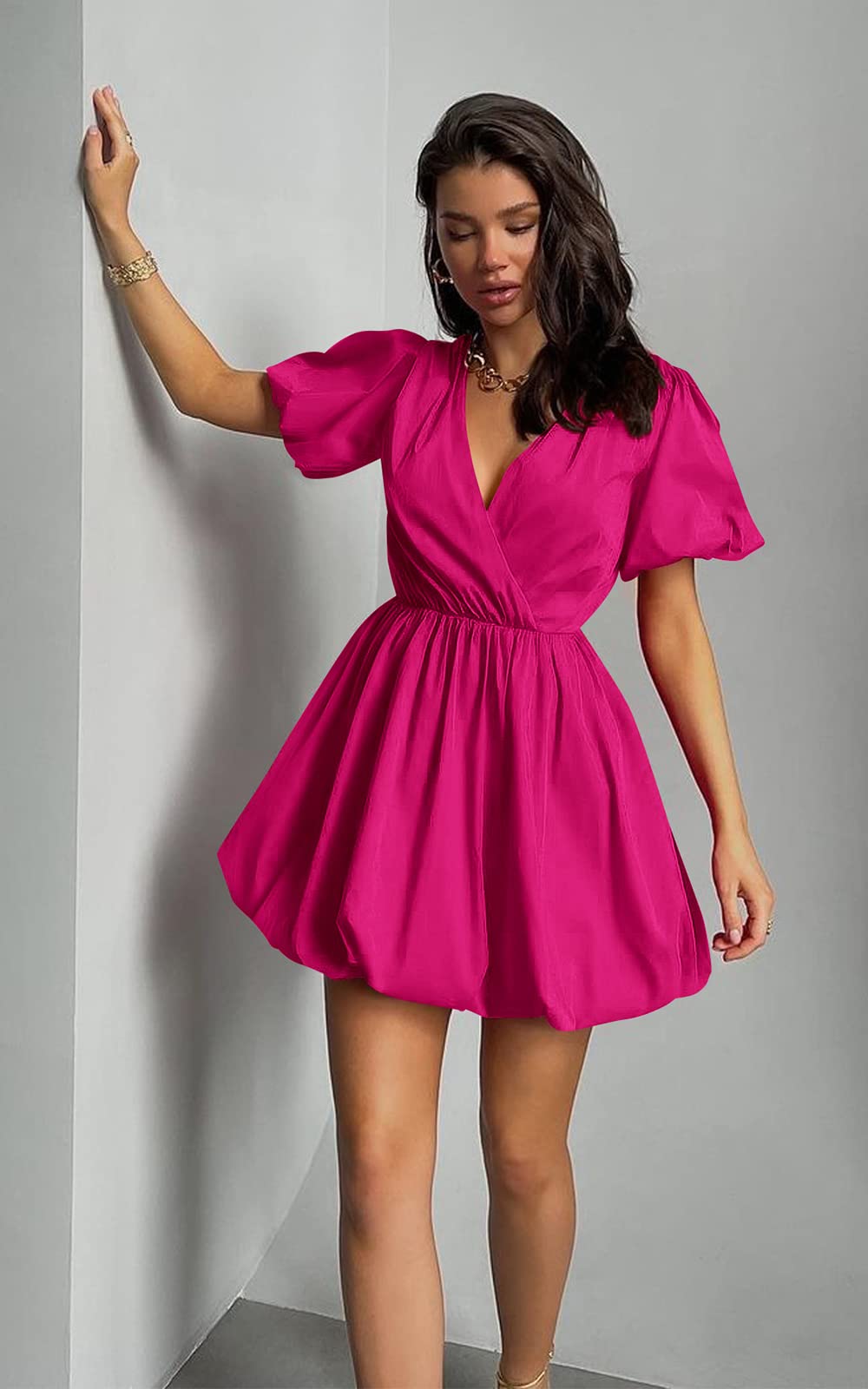 PRETTYGARDEN Women's Summer Puff Sleeve Short Mini Dress Flowy Ruffle V Neck A Line Wrap Dresses (Rose Red,Medium)