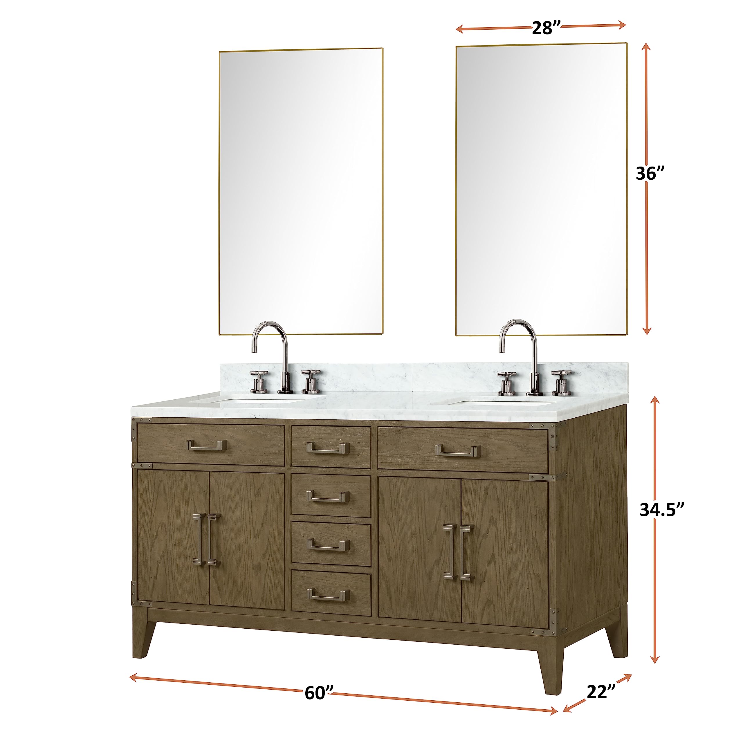 Bell+Modern Harbor 60 in W x 22 in D Grey Oak Double Bath Vanity and Carrara Marble Top