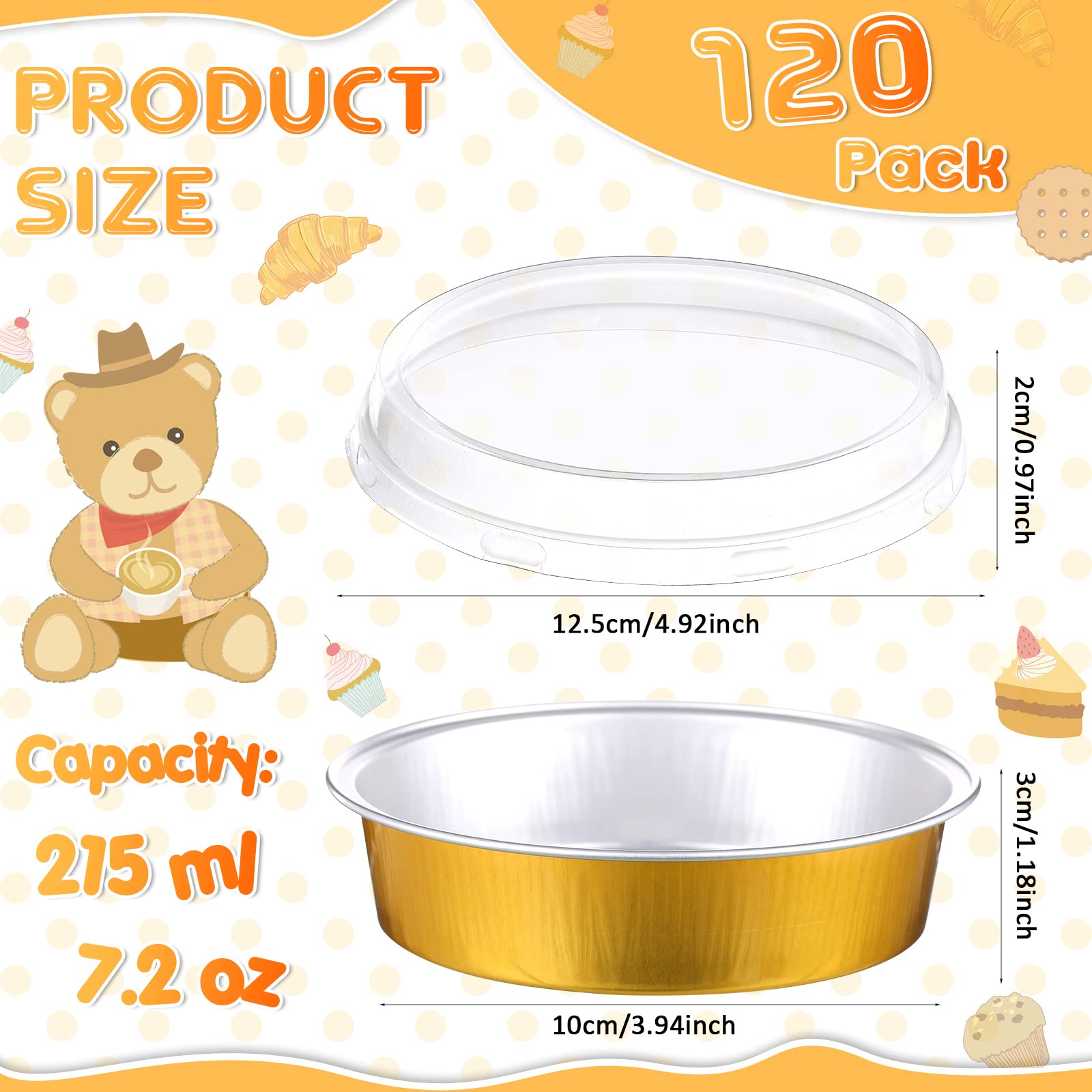 120 Pcs Disposable Ramekins with Lids, 8 oz Mini Pie Tins Mini Pie Pans 4 Inch Creme Brulee Ramekins Mini Cake Pans Aluminum Foil Pie Container Tin Tart Pans for Party Oven Baking(Gold)