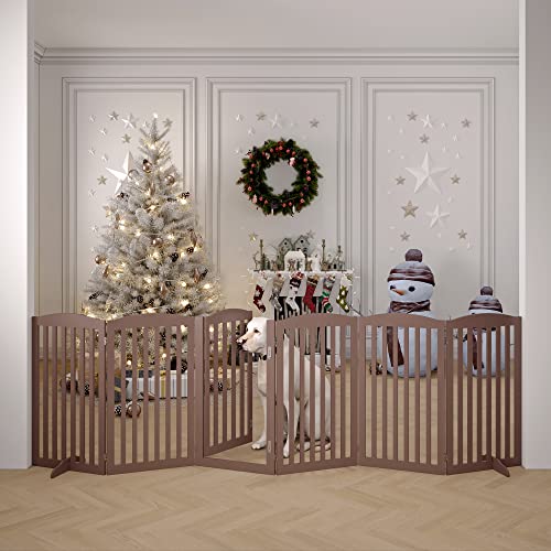 BHG No-Assembly Freestanding Dog Gate with Door, Extended Wide 120" Tall 36" Wooden Pet Gate, Accordion Folding Playpen Fence, 2PCS Support Feet Included, for The House - Espresso