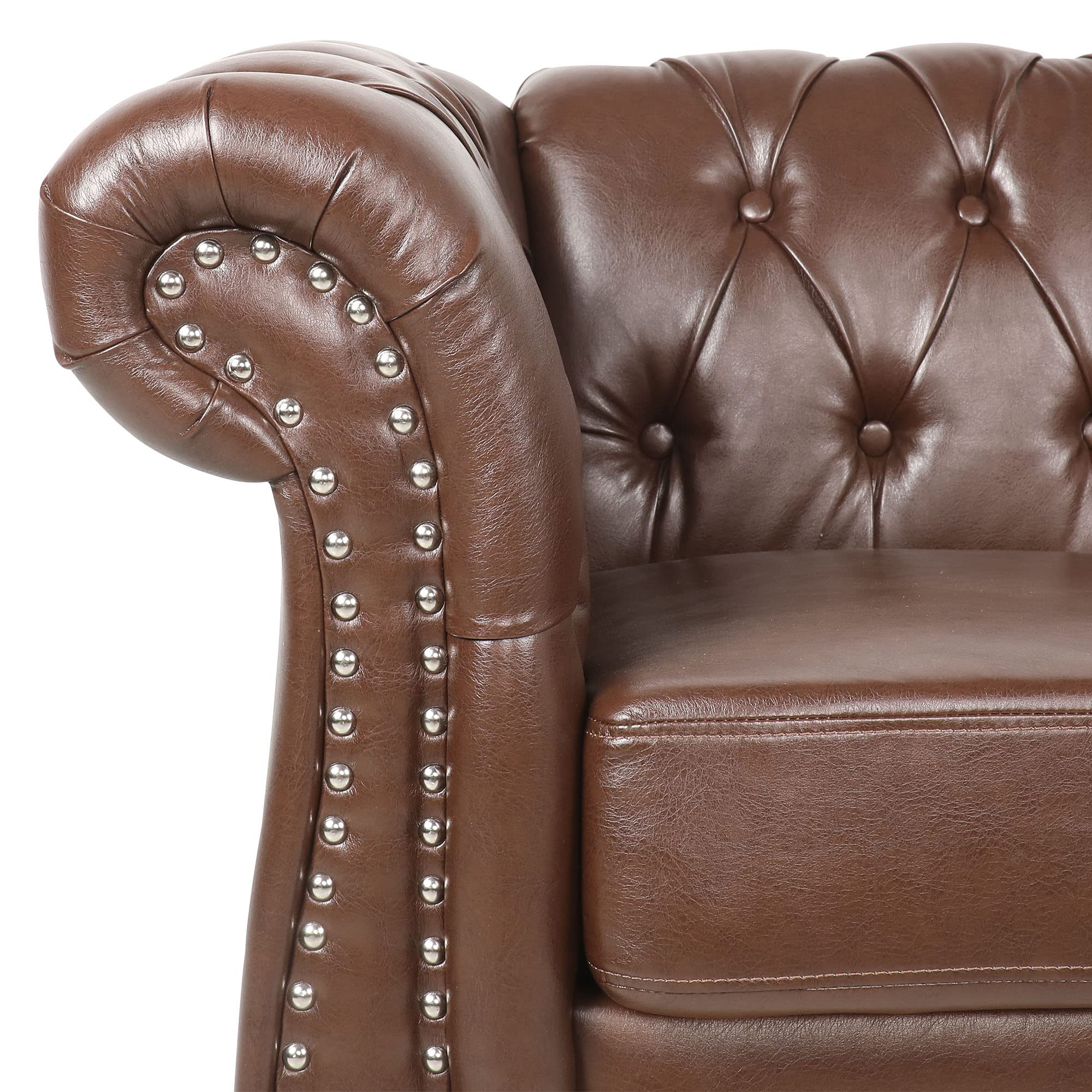 FOKWE Chesterfield Loveseat Leather, Modern Upholstered Tufted Couch 2 Seater with Rolled Arms and Nailhead for Living Room, Bedroom (Dark Brown)