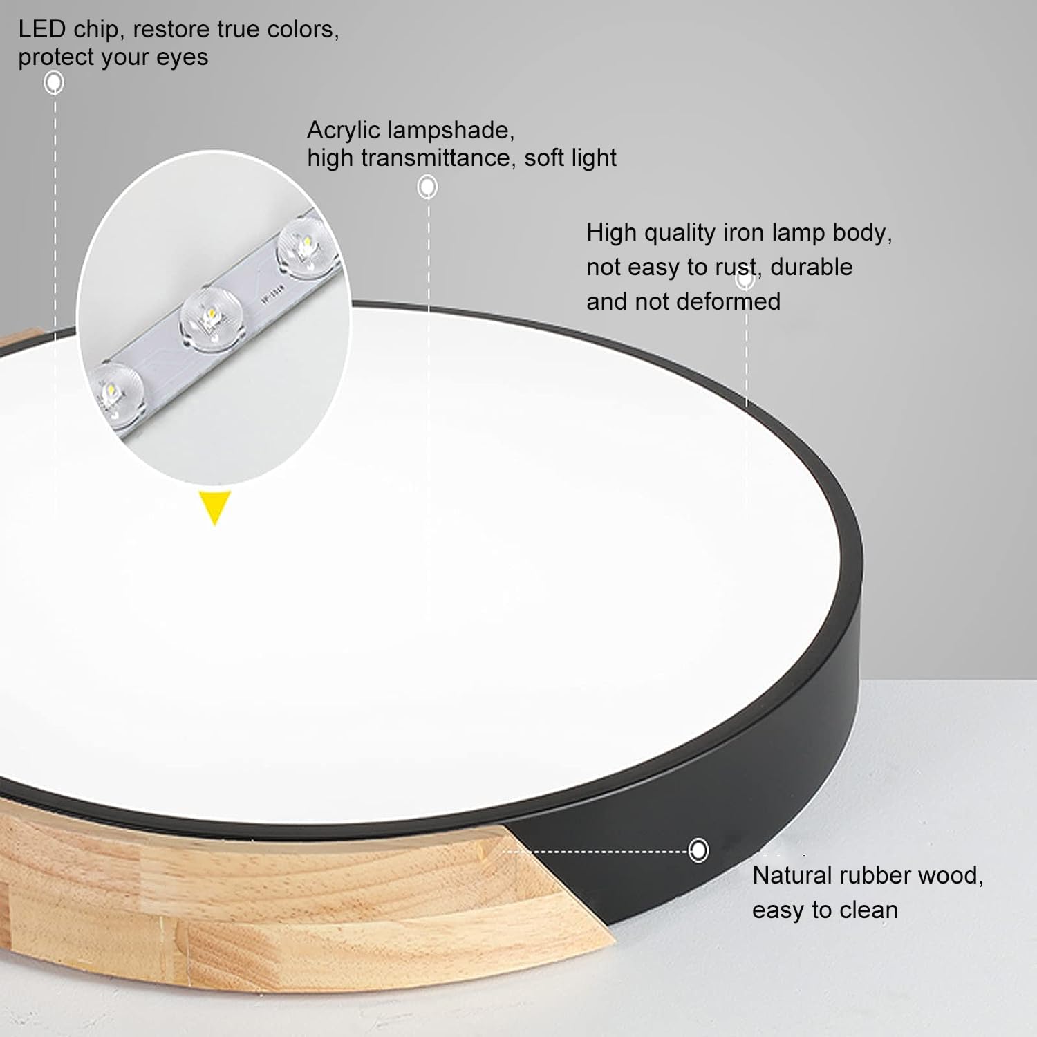 LED Ceiling Light, Minimalist Flush Mount Ceiling Light Fixture, 4500K, Close to Ceiling Light Fixtures with Black Metal and Wood Design, Round Ceiling Lights for Bedroom Closet Hallway