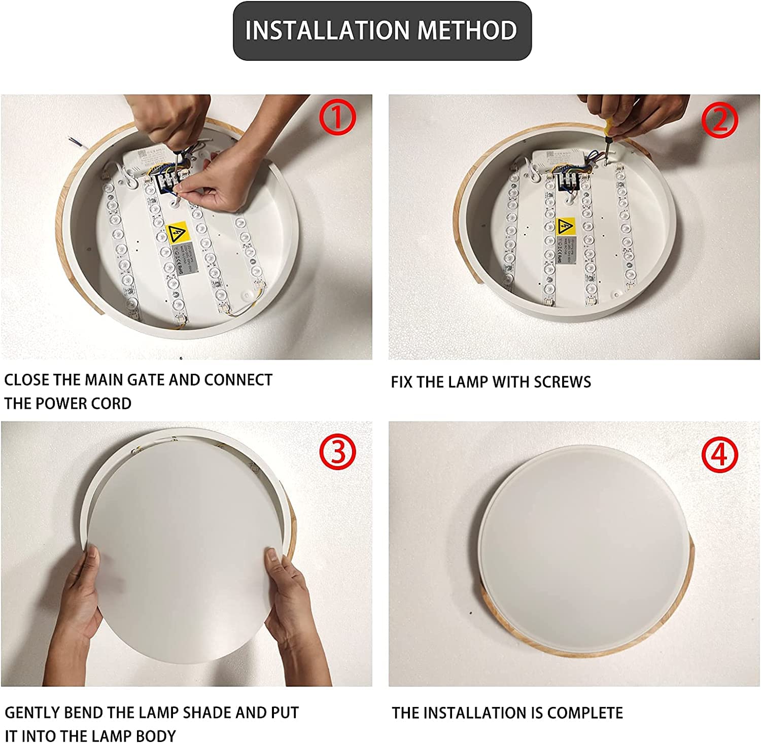 LED Ceiling Light, Minimalist Flush Mount Ceiling Light Fixture, 4500K, Close to Ceiling Light Fixtures with Black Metal and Wood Design, Round Ceiling Lights for Bedroom Closet Hallway