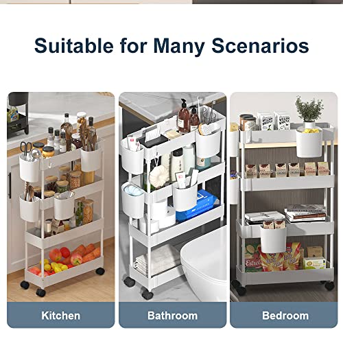 VANDHOME 4-Tier Slim Storage Utility Rolling Cart with Wheels Multifunction Organizer Slide Out Trolley Cart for Kitchen Bathroom Narrow Places with Hanging Cups Dividers - White