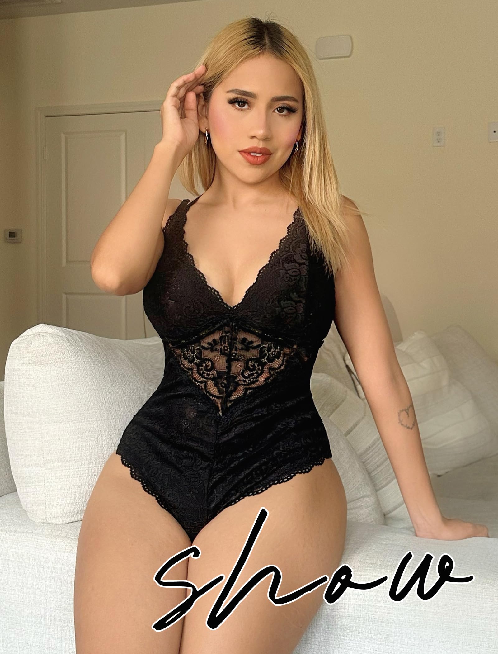 Avidlove Lingerie for Women Teddy Lingerie Snap Crotch Sexy Lace Bodysuit One Piece Teddy(Black,S)