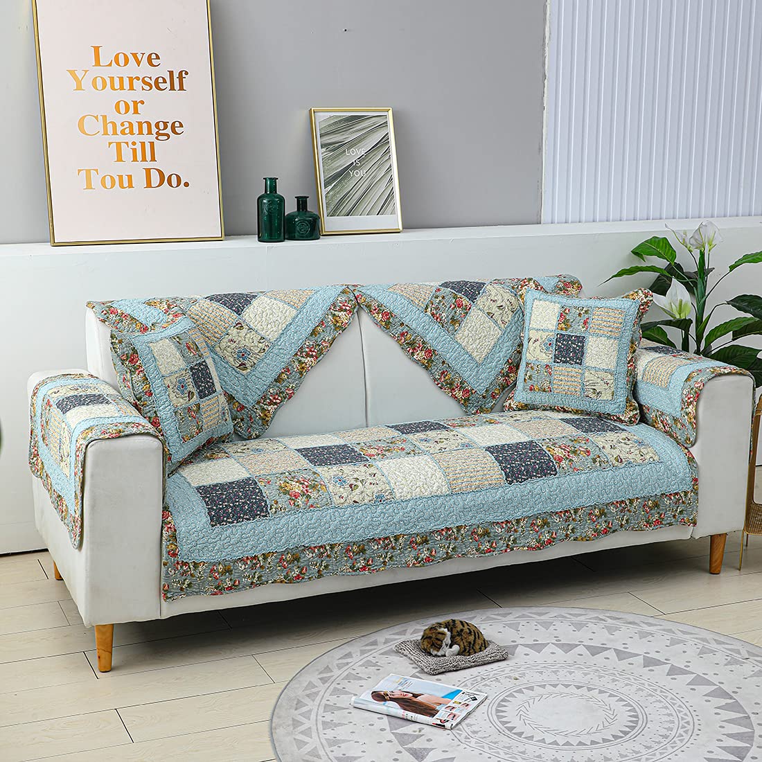 vctops Boho Cotton Patchwork Sofa/Couch Covers Sectional Couch Covers Anti-Slip Sofa Slipcover for Dogs Cats Pet Love Seat Recliner Leather L Shaped, Armrest Backrest Cover (Blue,43"x43")