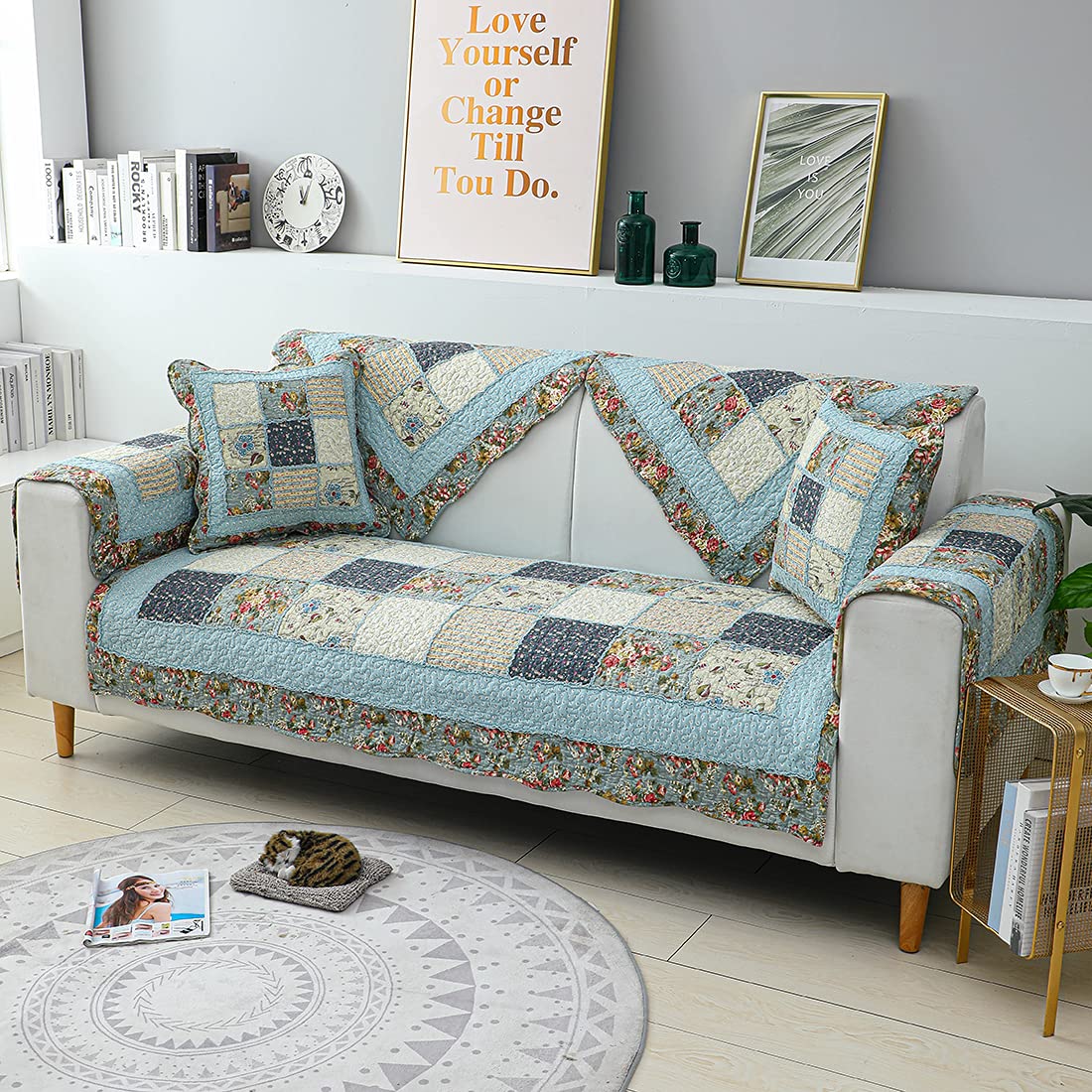 vctops Boho Cotton Patchwork Sofa/Couch Covers Sectional Couch Covers Anti-Slip Sofa Slipcover for Dogs Cats Pet Love Seat Recliner Leather L Shaped, Armrest Backrest Cover (Blue,43"x43")