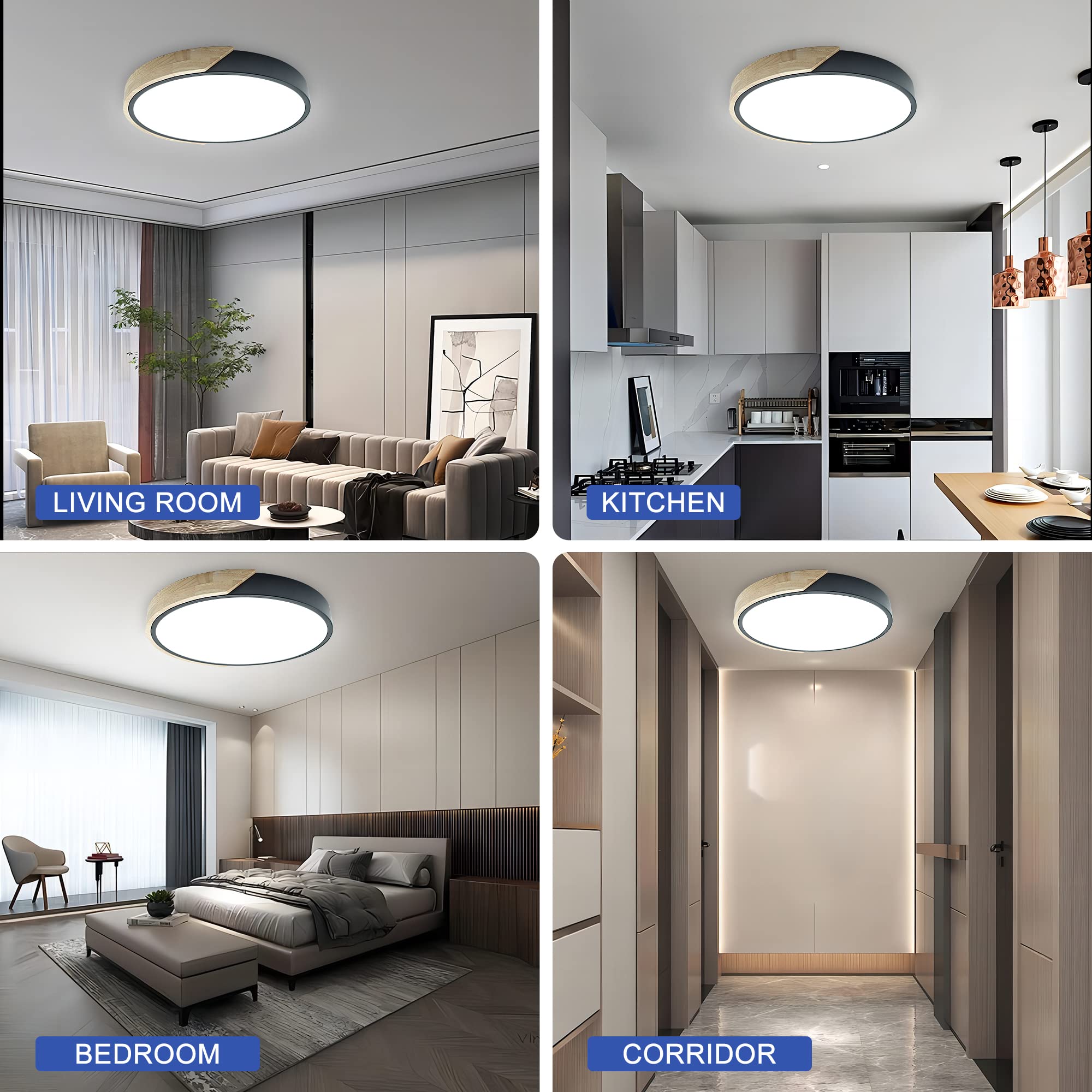 LED Ceiling Light, Minimalist Flush Mount Ceiling Light Fixture, 4500K, Close to Ceiling Light Fixtures with Black Metal and Wood Design, Round Ceiling Lights for Bedroom Closet Hallway