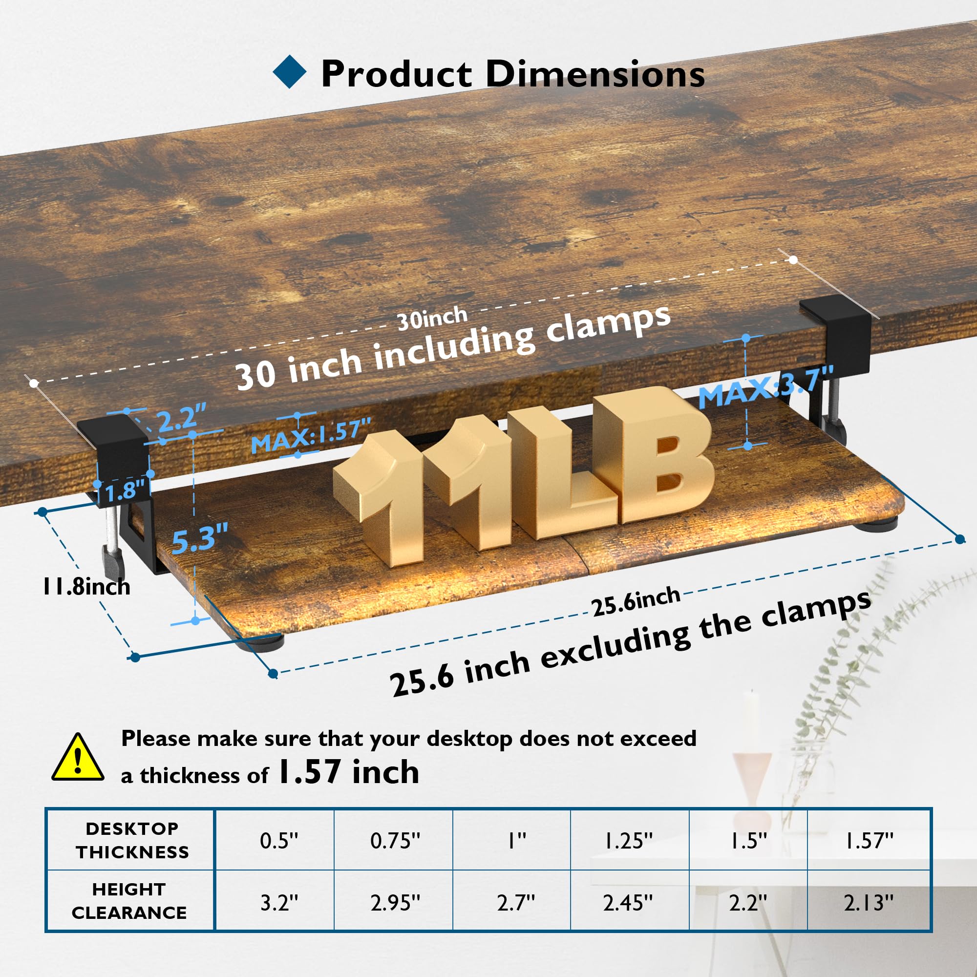 BONTEC Keyboard Tray Under Desk, Pull Out Keyboard & Mouse Tray with C-clamp, 25.6 Excluding Clamps (30 Including Clamps) x 11.8 Inch Steady Slide-Out Computer Drawer for Typing, Rustic Brown