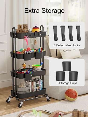 Pipishell 4-Tier Rolling Cart, Utility Cart with Lockable Casters, PP Plastic Storage Baskets, Hanging Cups & Hooks, Rolling Cart for Living Room, Bedroom, Kitchen, Bathroom, Art Studio(Black)