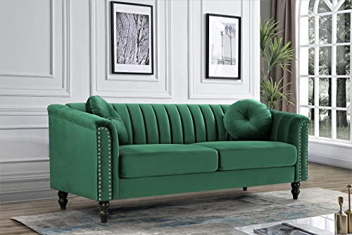 Container Direct 75'' Mid-Century Modern Velvet Sofa Chesterfield Inspired Luxury 3 Seater Couch for Living Room with Removable Cushions and Turned Wood Legs, Green