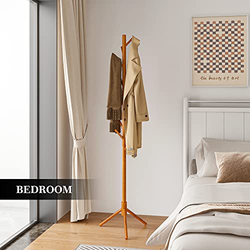 NicQliear Wooden Freestanding Coat Rack with 9 Hooks, Adjustable Coat Rack Stand to Hang Clothes/Bags/Hats, Standing Coat Tree Perfect for Bedroom/Entryway/Hallway
