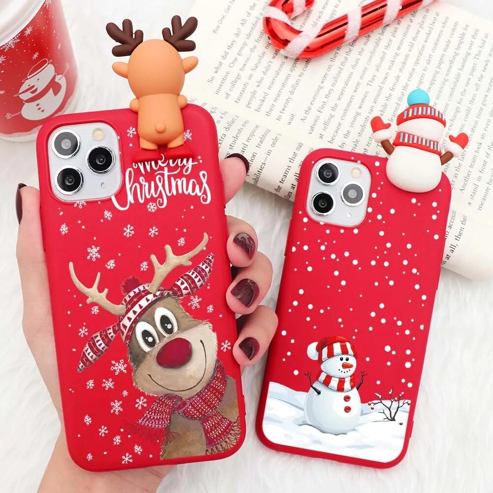 Pnakqil 2 Pieces Christmas Case for Samsung Galaxy S9 Plus 6.2 Inch, Matte Red Silicone Back Cover with Cute Deer and Snowman 3D Doll Cartoon Pattern Slim Shockproof Protective Case for Samsung S9+